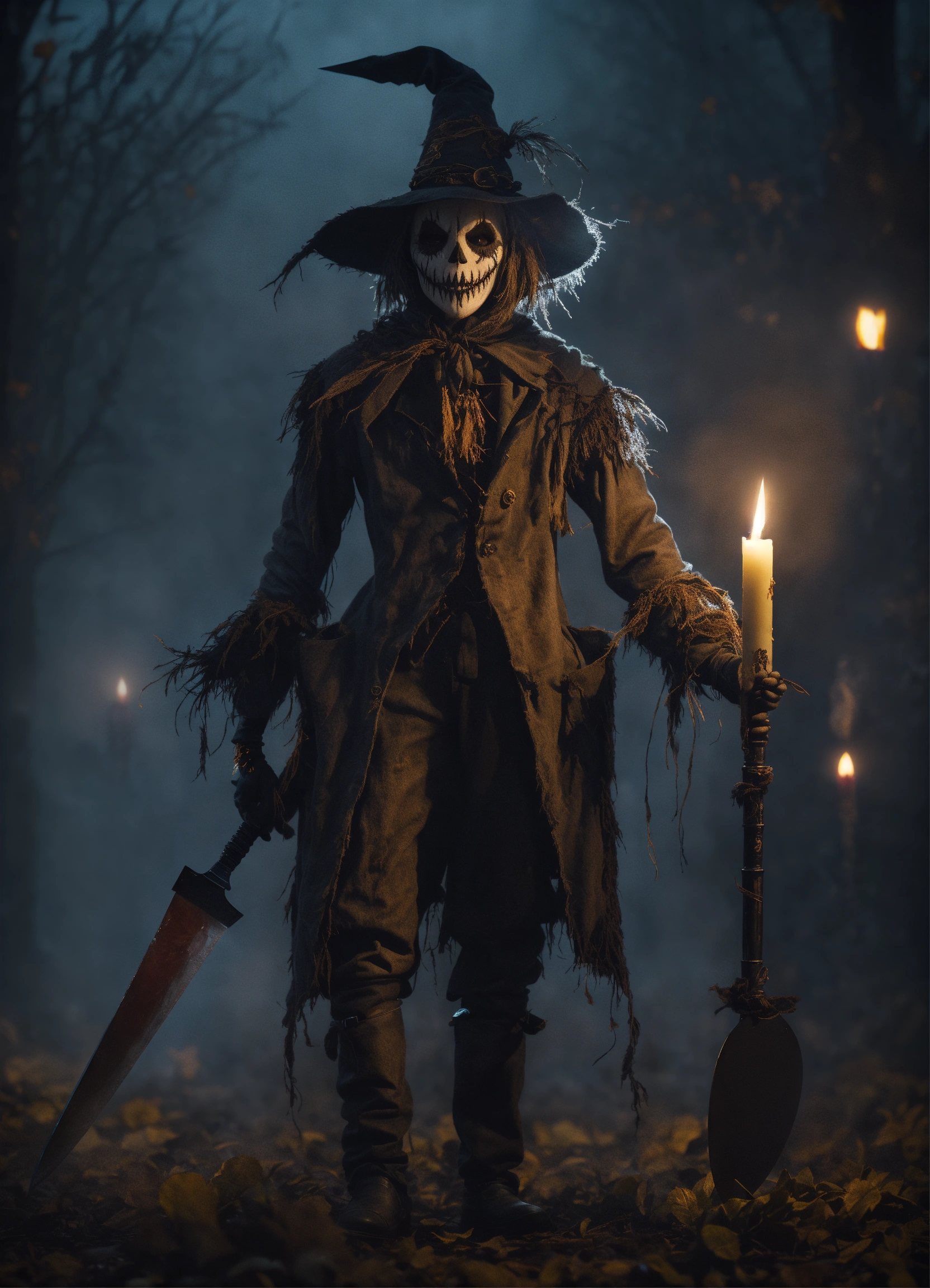Lexica A Very Scary Scarecrow Holding A Large Knife Halloween Night Candle Lit Spooky