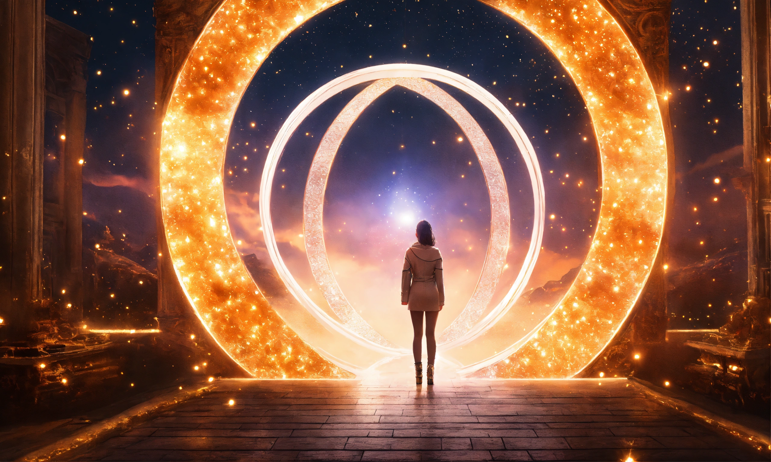 Lexica - Create an image of a woman from behind looking at five portals ...