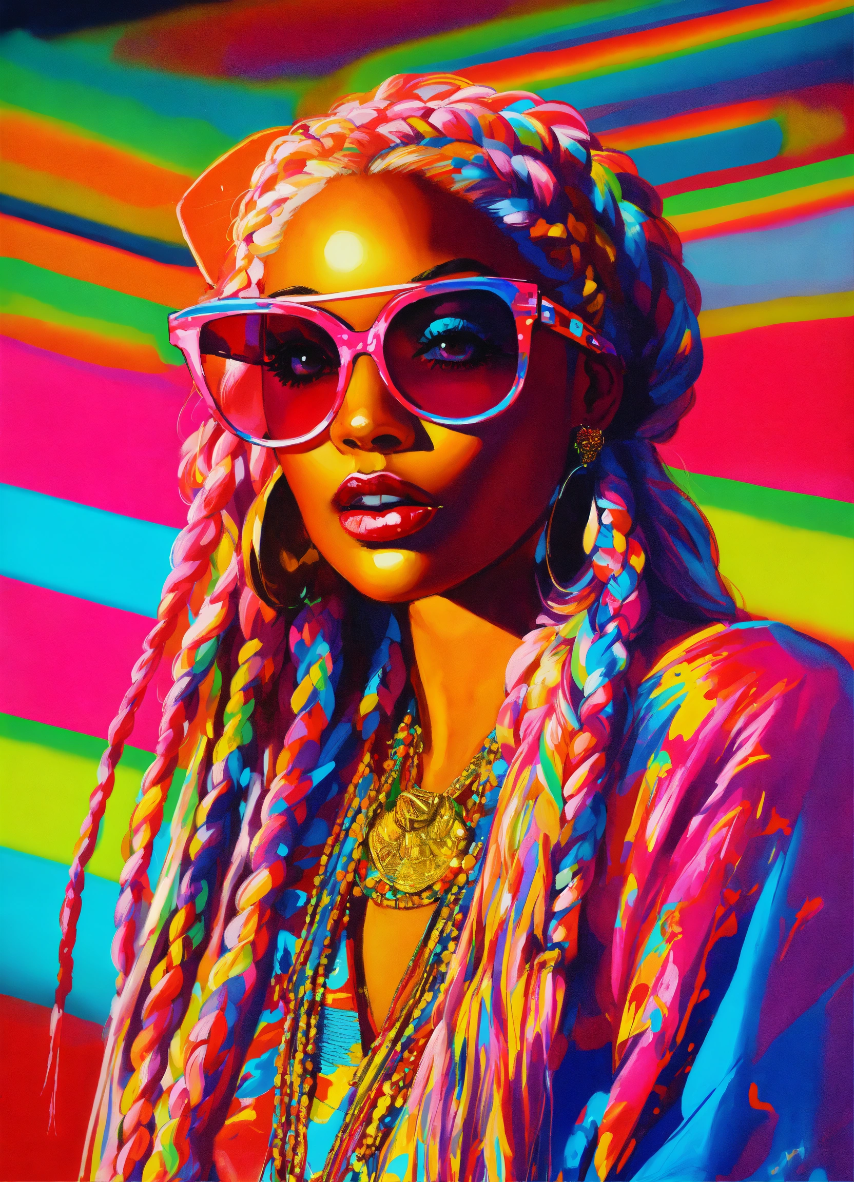 Lexica - A woman in a braids and sungl, a pop art painting Lisa Frank ...