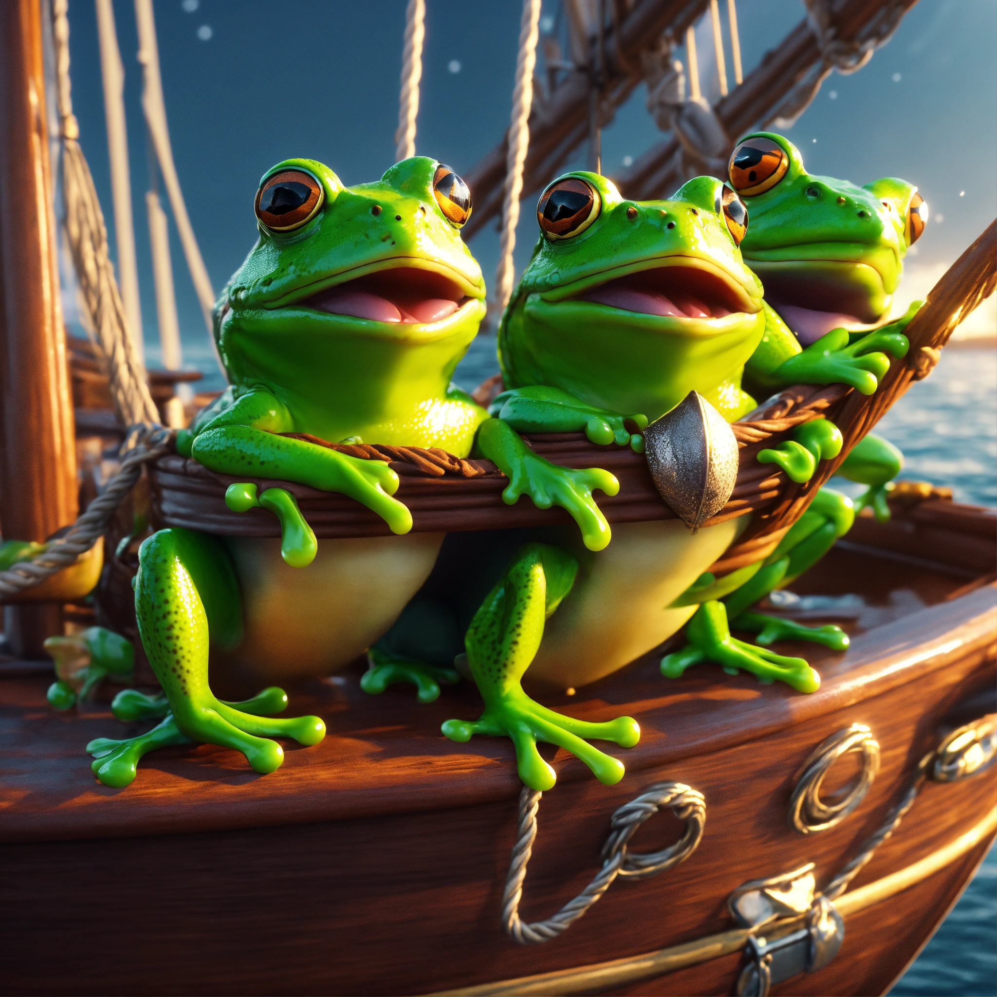 Lexica - A cute frighted crew of frogs running around on a a sailing ...