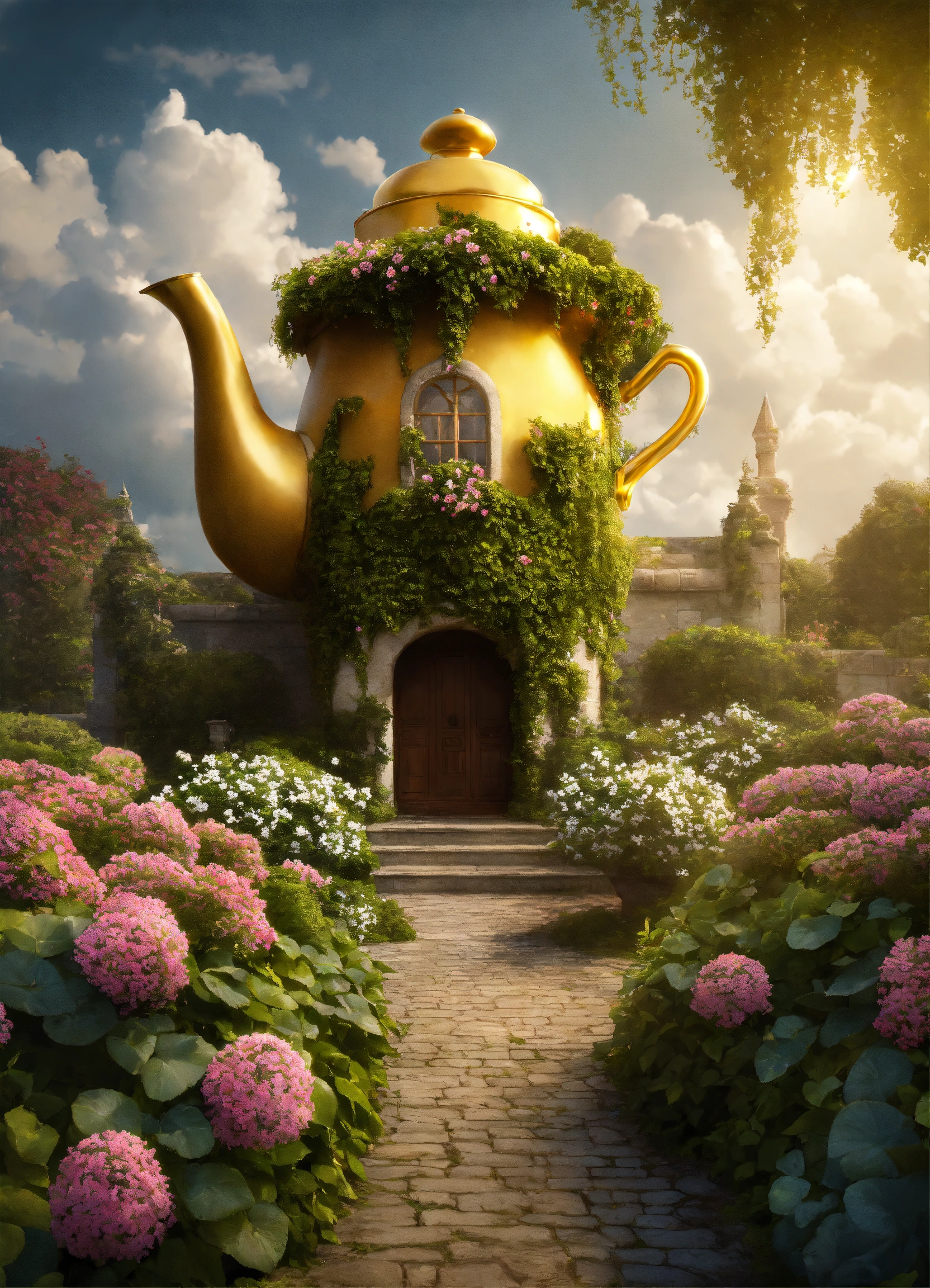 Lexica - A large golden teapot building covered in ivy with a long walk ...