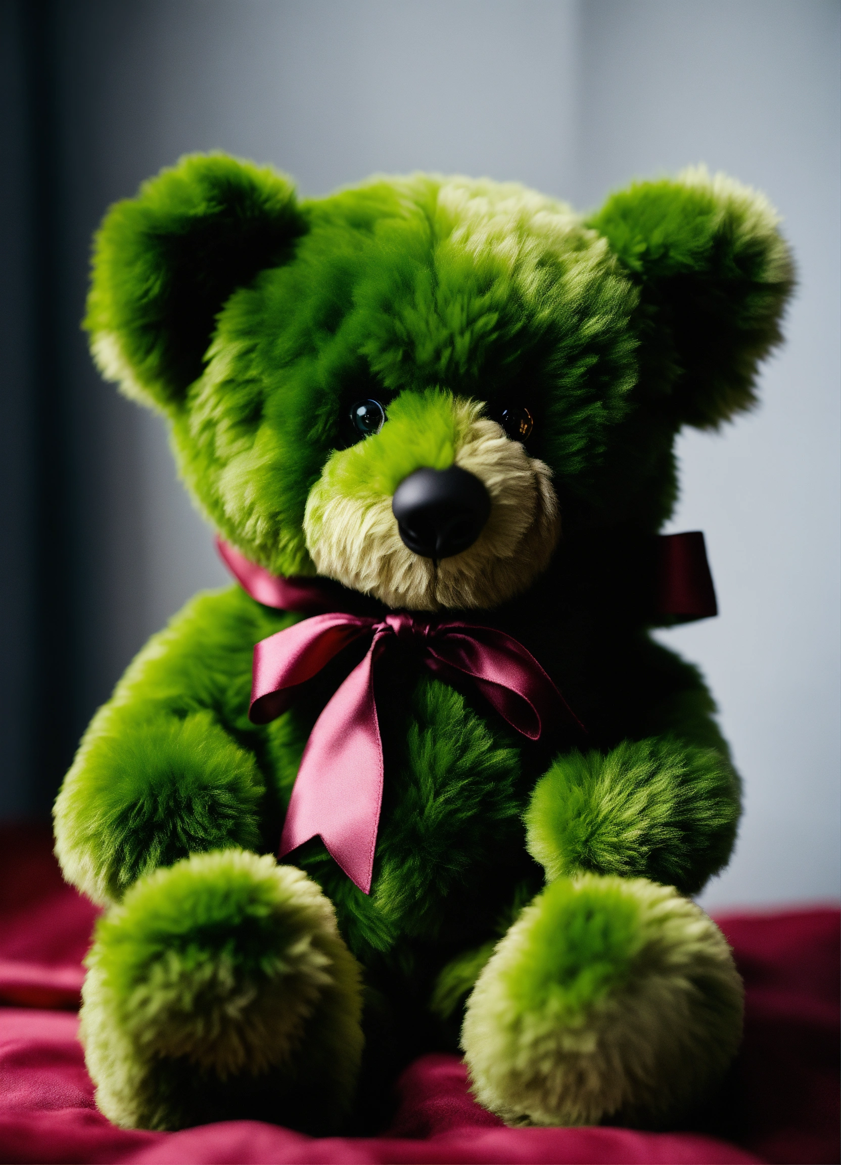 Lexica - Teddybear, stuffed animal, fur, color black, eye color green, 8k