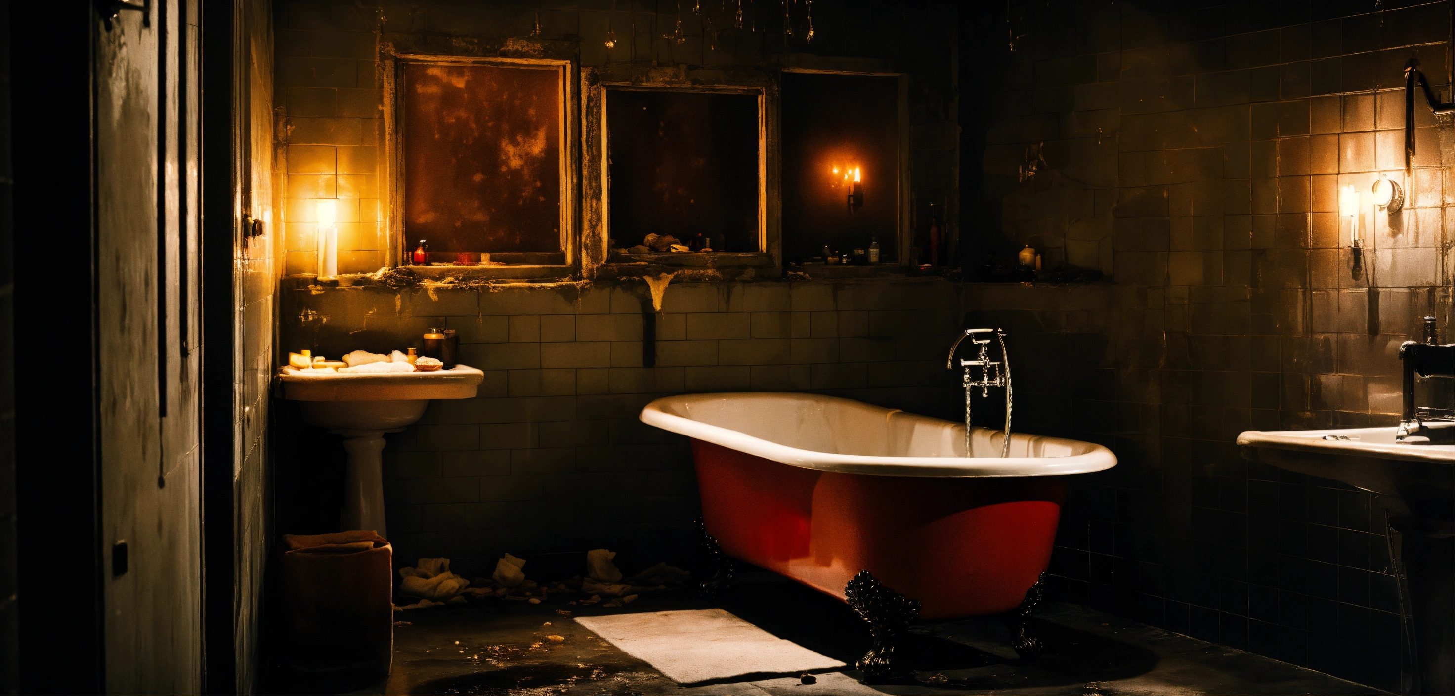 Lexica - Cinematic look, urban dirty bathroom bathtub full of crismson ...