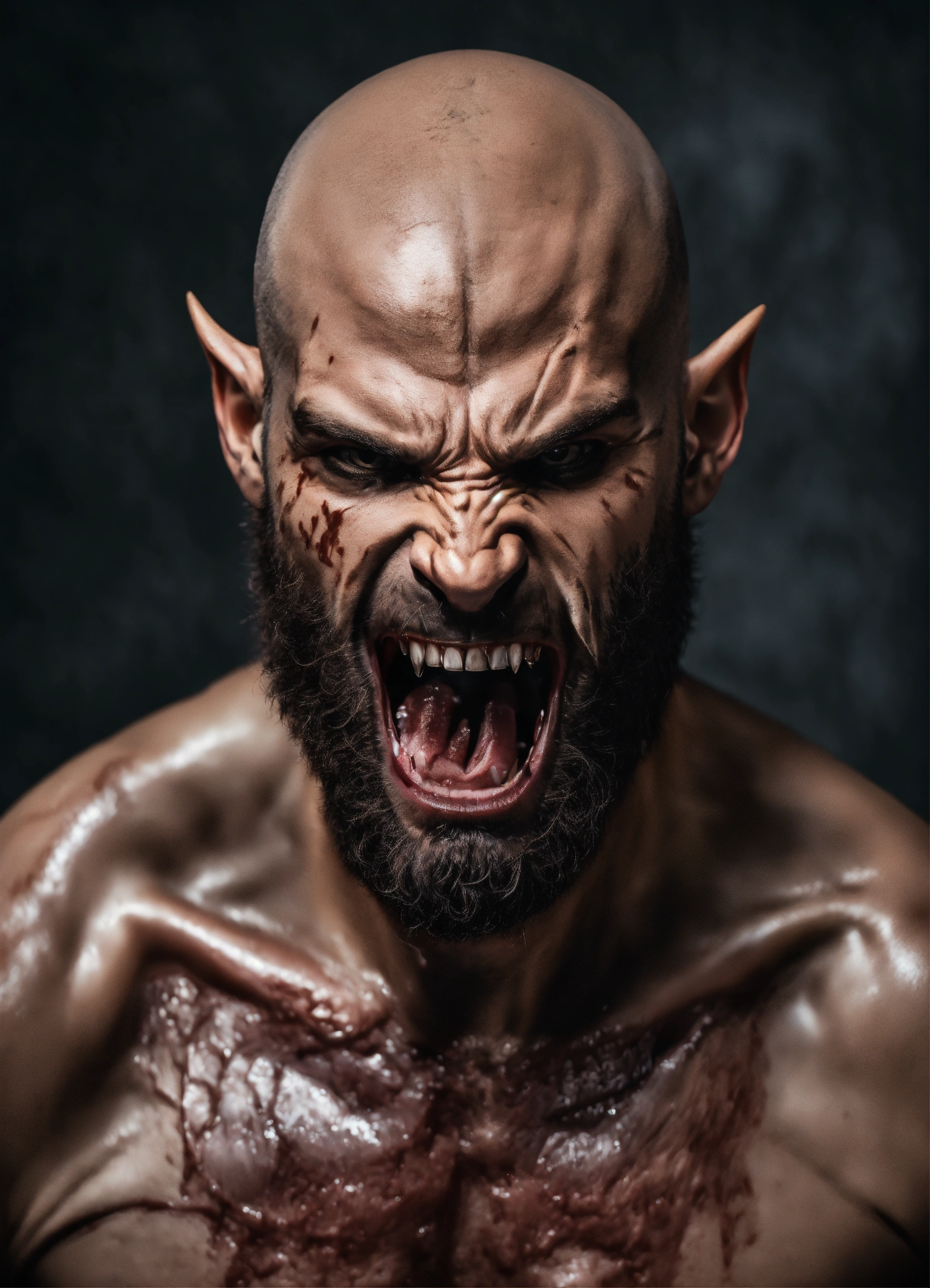 Lexica - A young bald man with beard with sharp claws and bared fangs a ...