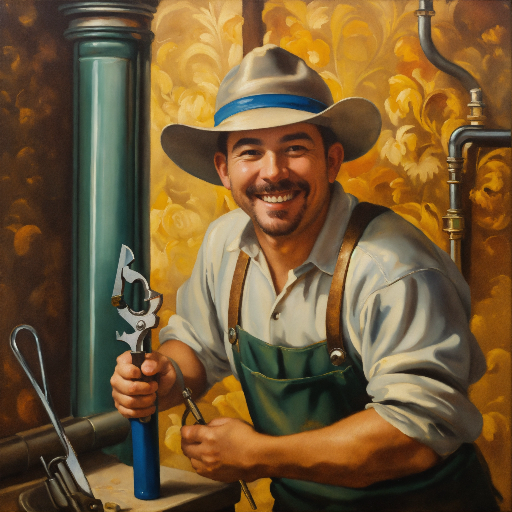 Lexica - Plumber with a wrench smiling and talking to satisfied clients ...