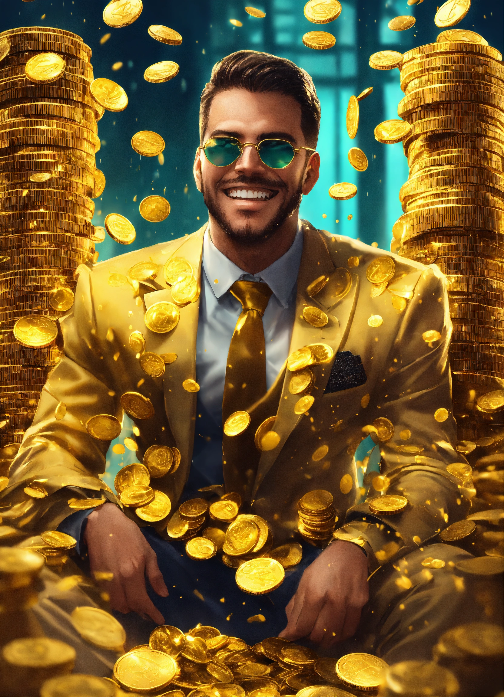 Lexica - A man with an evil smile, money in eyes, surrounded by gold ...