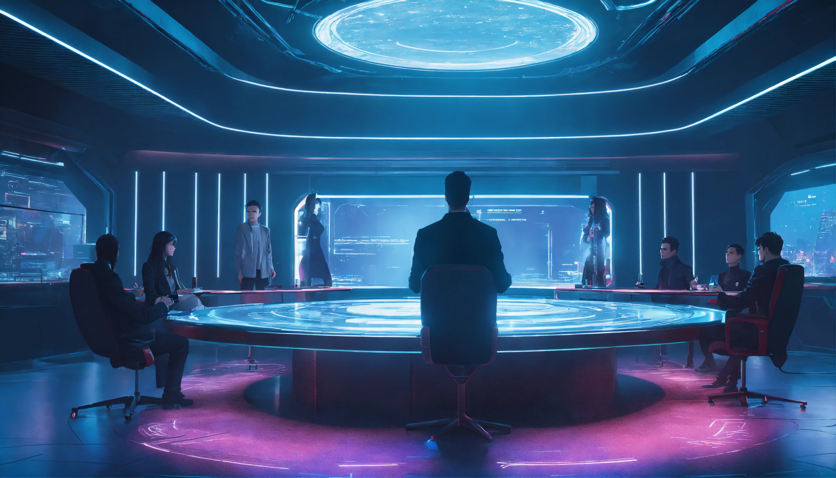 Lexica - Futuristic meeting room, round cyber table, people siting, one ...