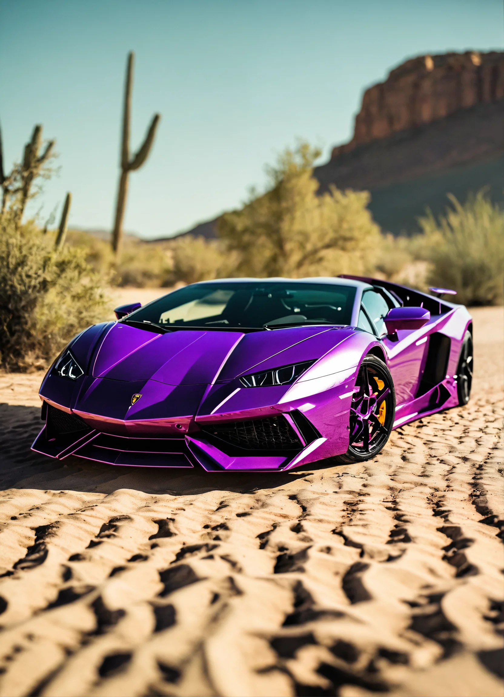 Lexica - Ein lila farbener Lamborghini in der Wüste