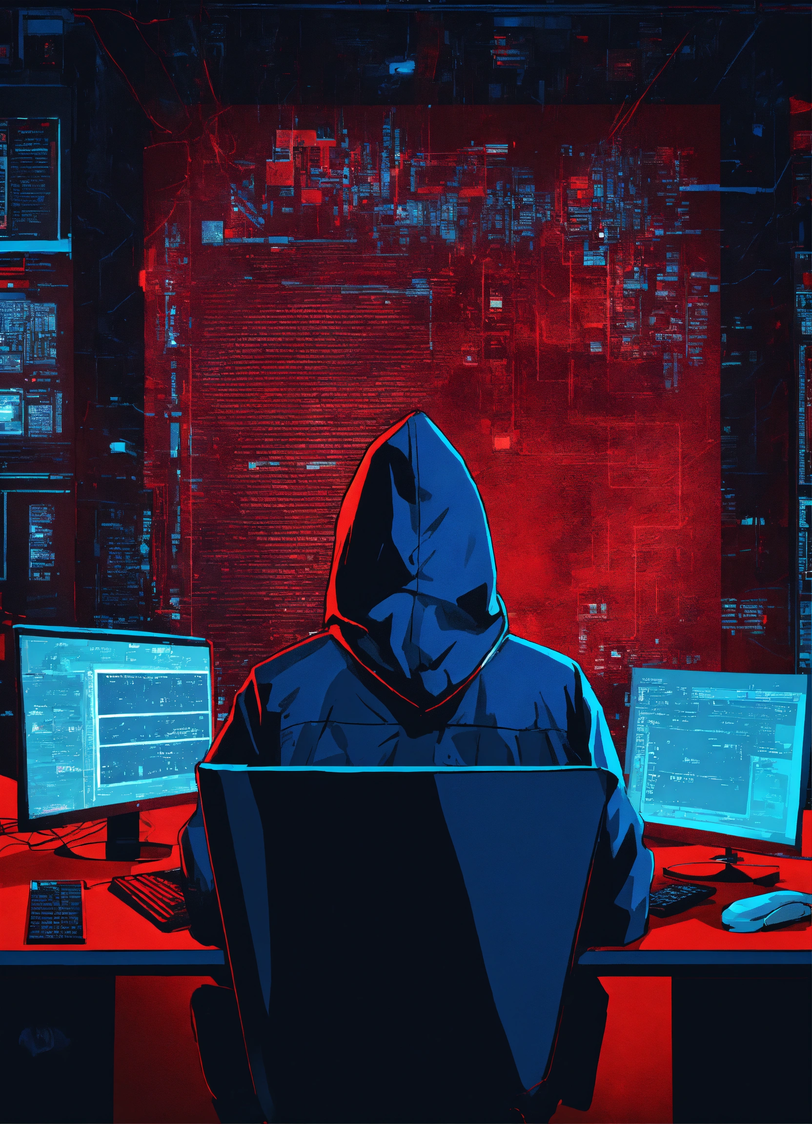 Lexica - Hacker in front of a large computer screen dark background ...