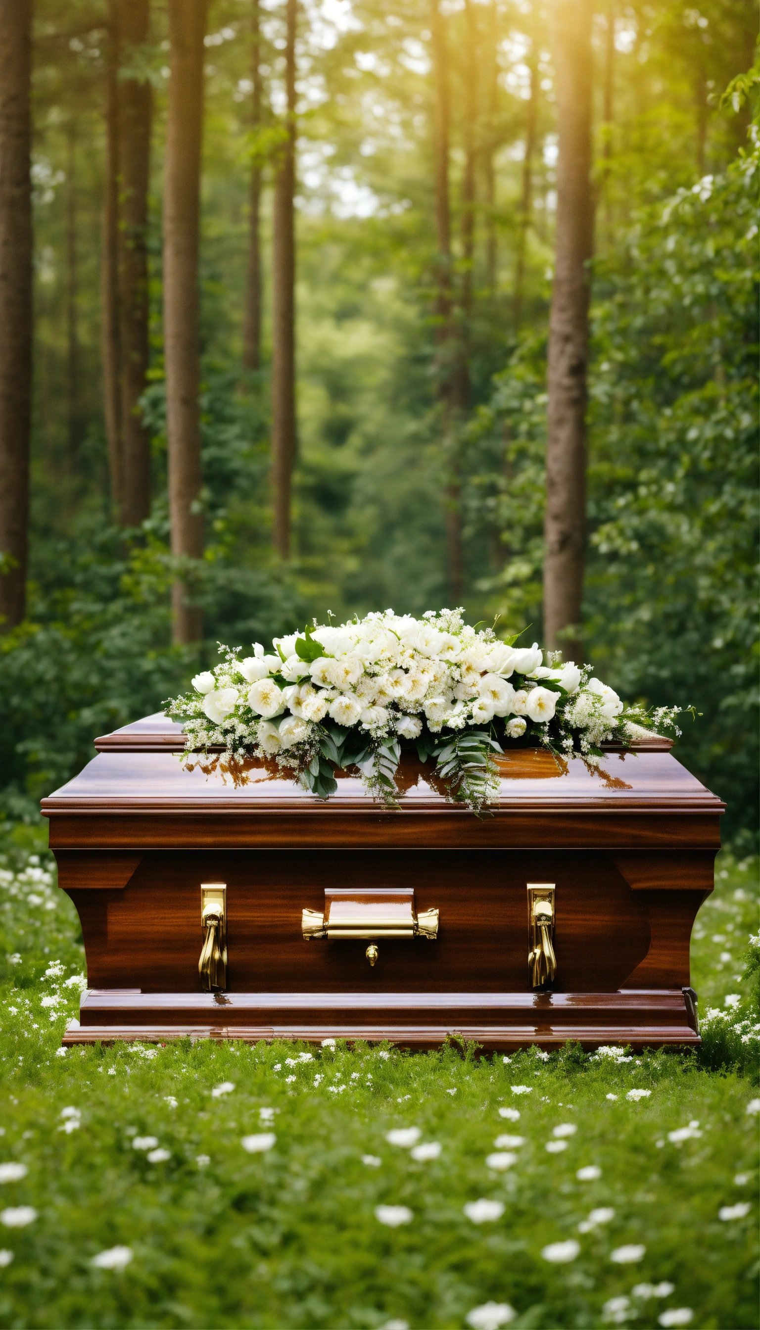Lexica - Coffin surrounded by white flowers, forest background