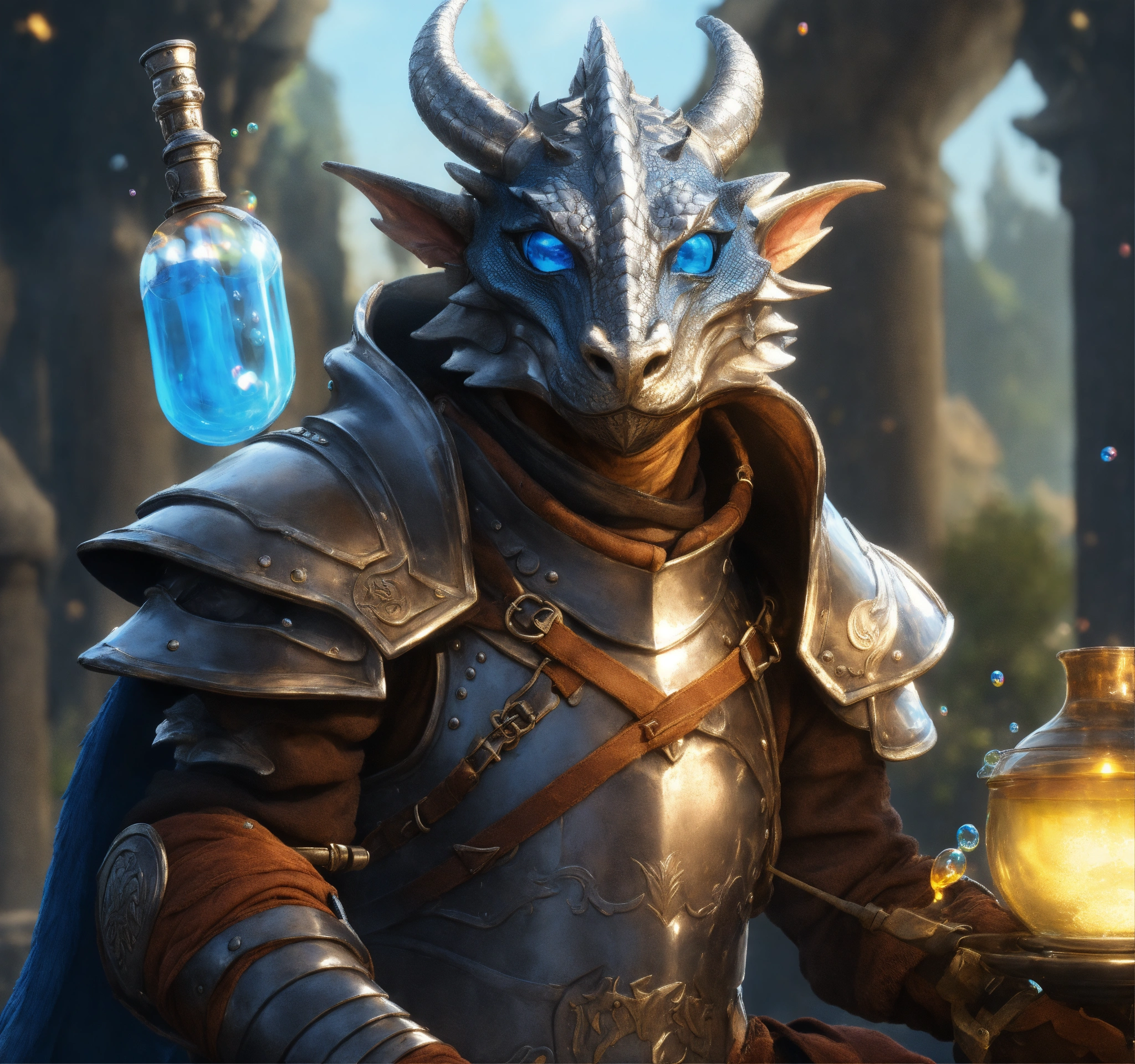 Lexica - A tall, skinny silver dragonborn with blue eyes and an almost ...