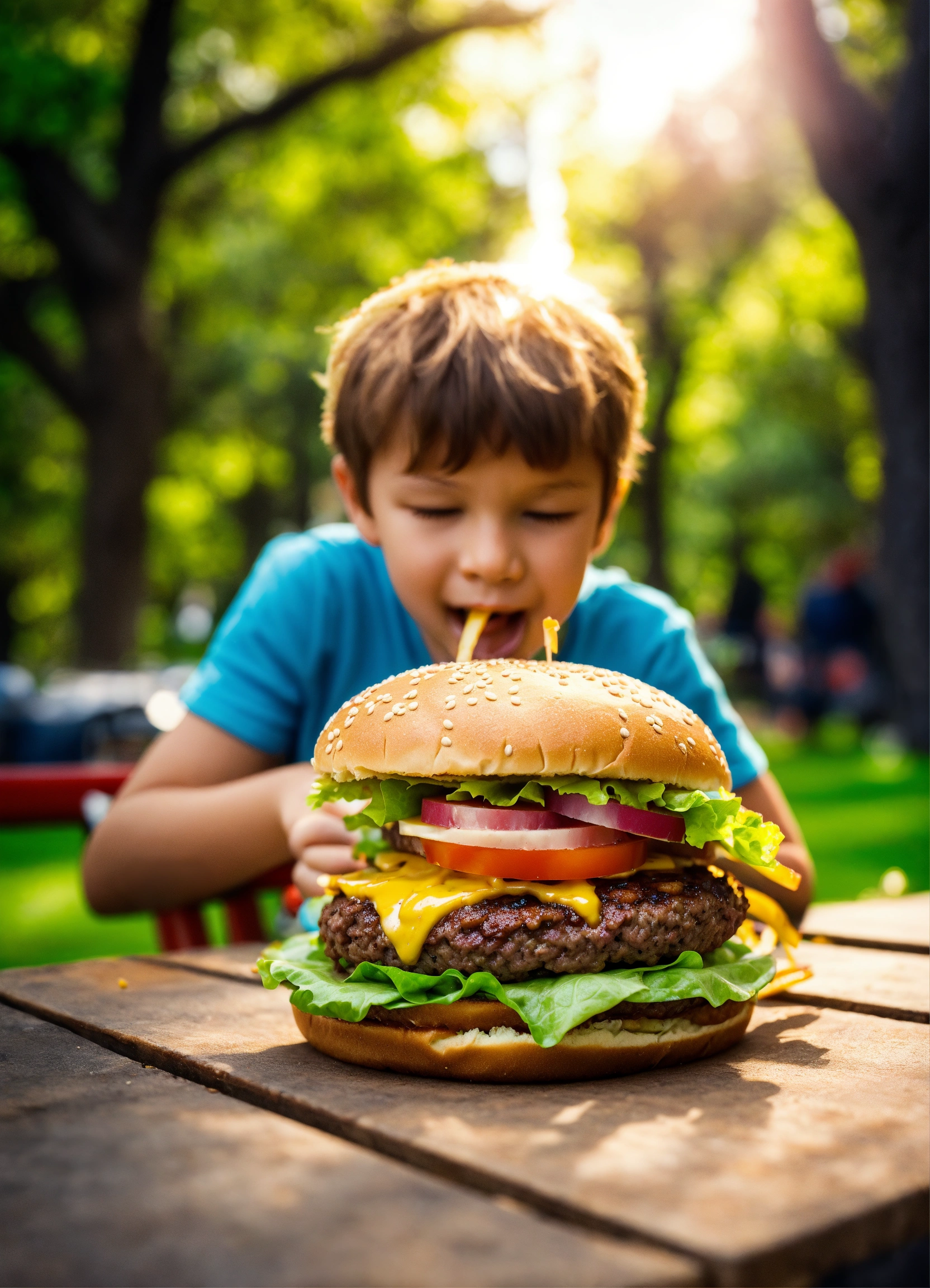 Lexica - Kid eating burger sandwich and fries, in a park, low camera ...