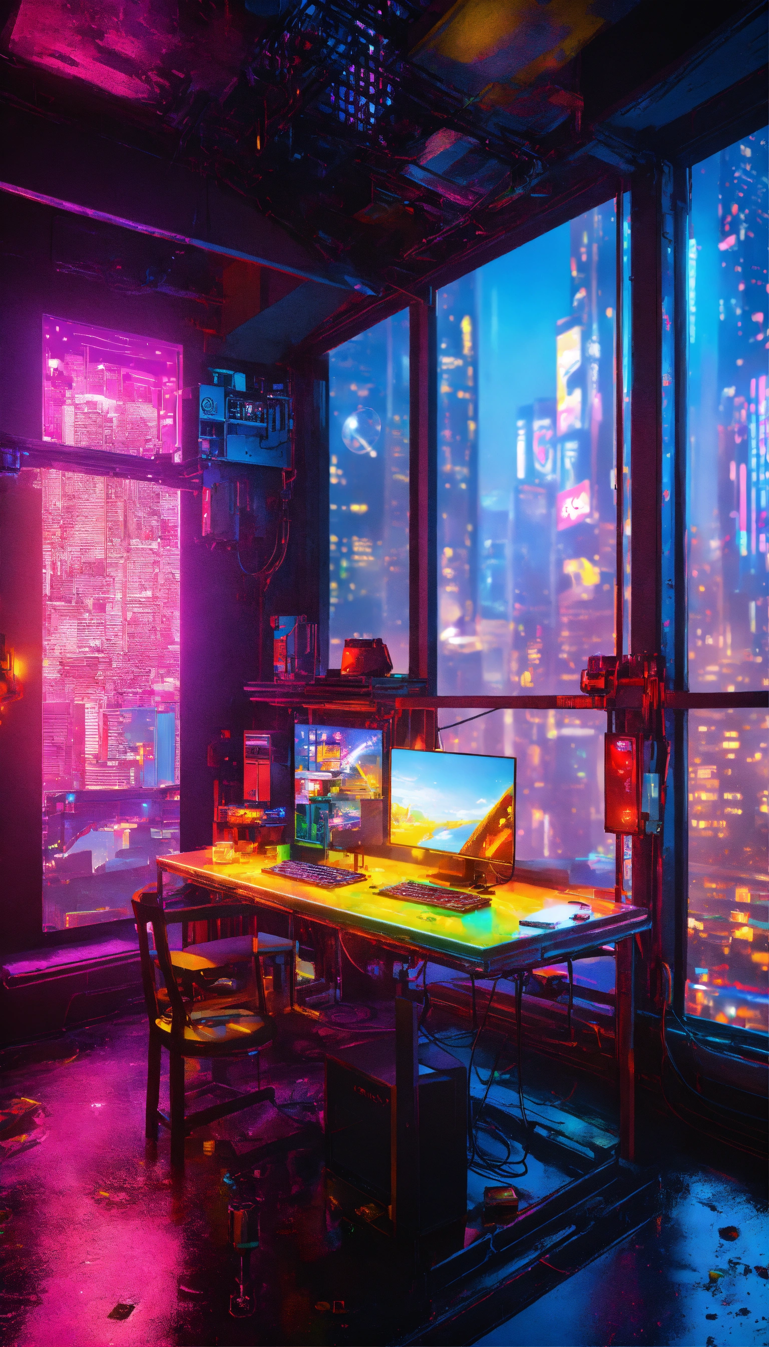 Lexica - A cyberpunk themed balcony at night, illuminated by neon ...