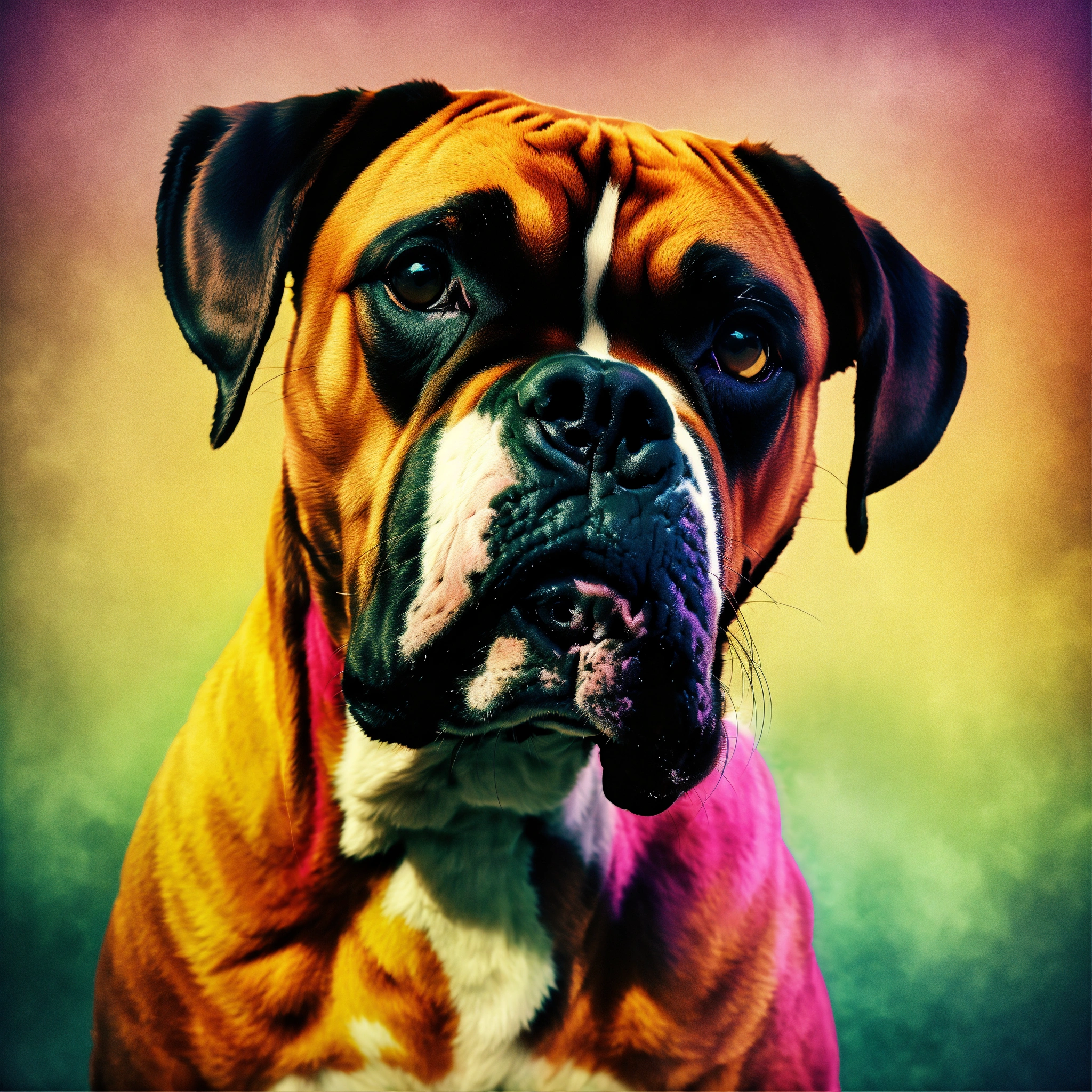 Lexica - A boxer dog, in rainbow colors, with a fierce look, vintage style