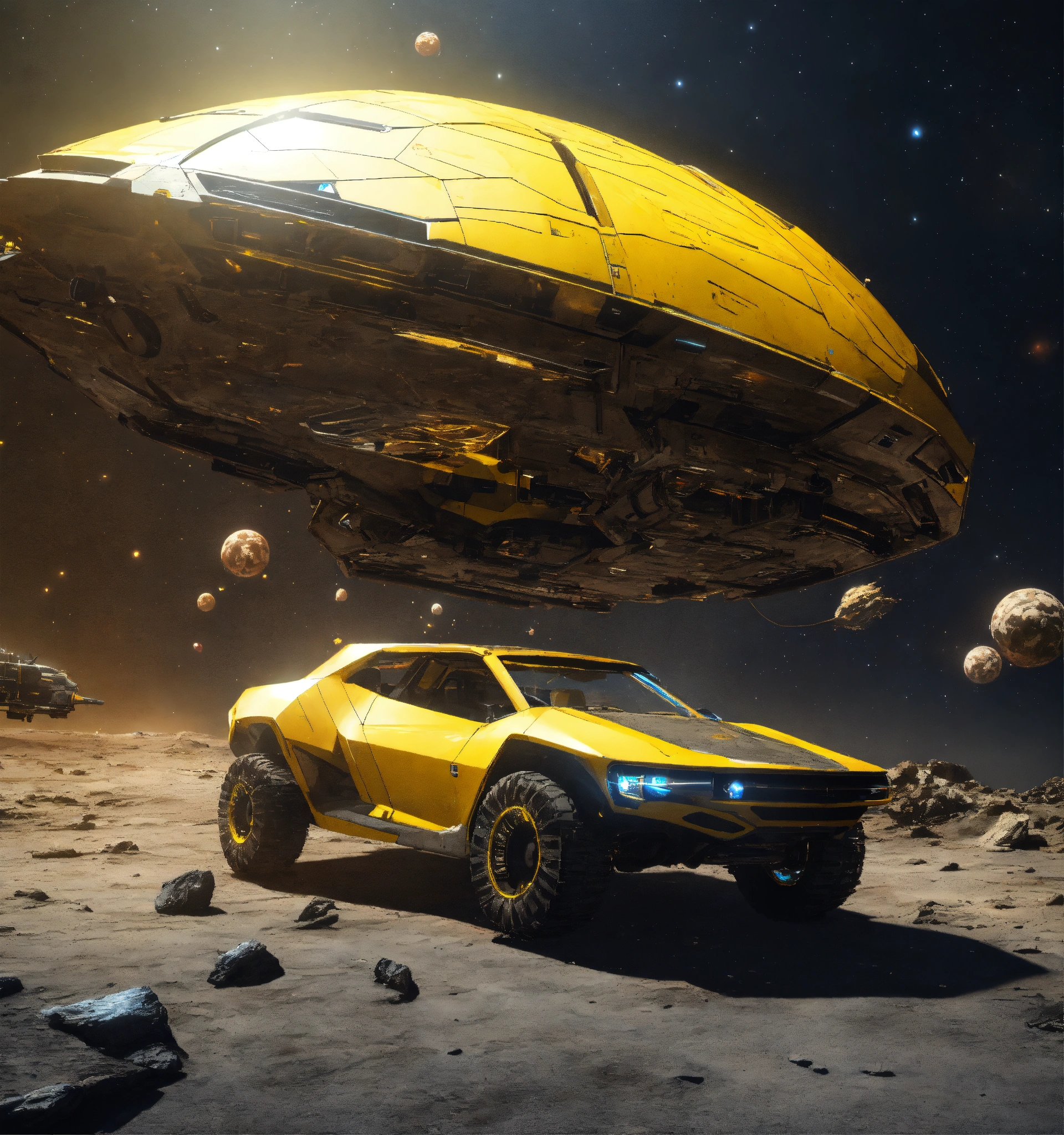 Lexica - Sleek flying yellow beat up futuristic clunker car shooting ...