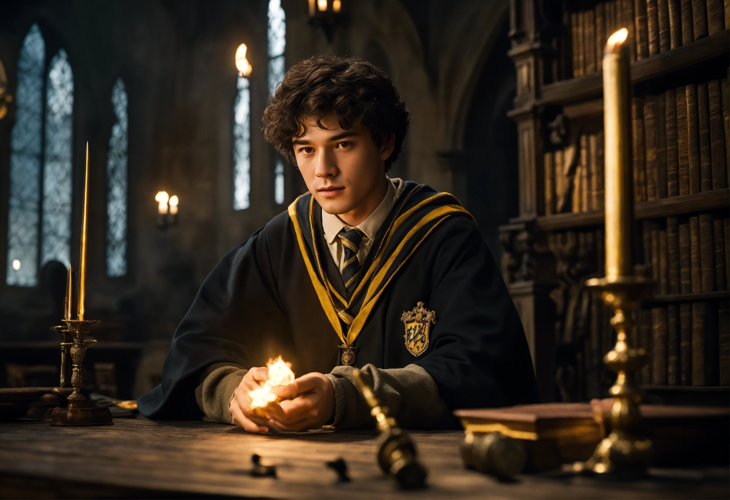 Lexica - Man young wizard, inside Hogwarts with a Magic wand, 2023 year ...