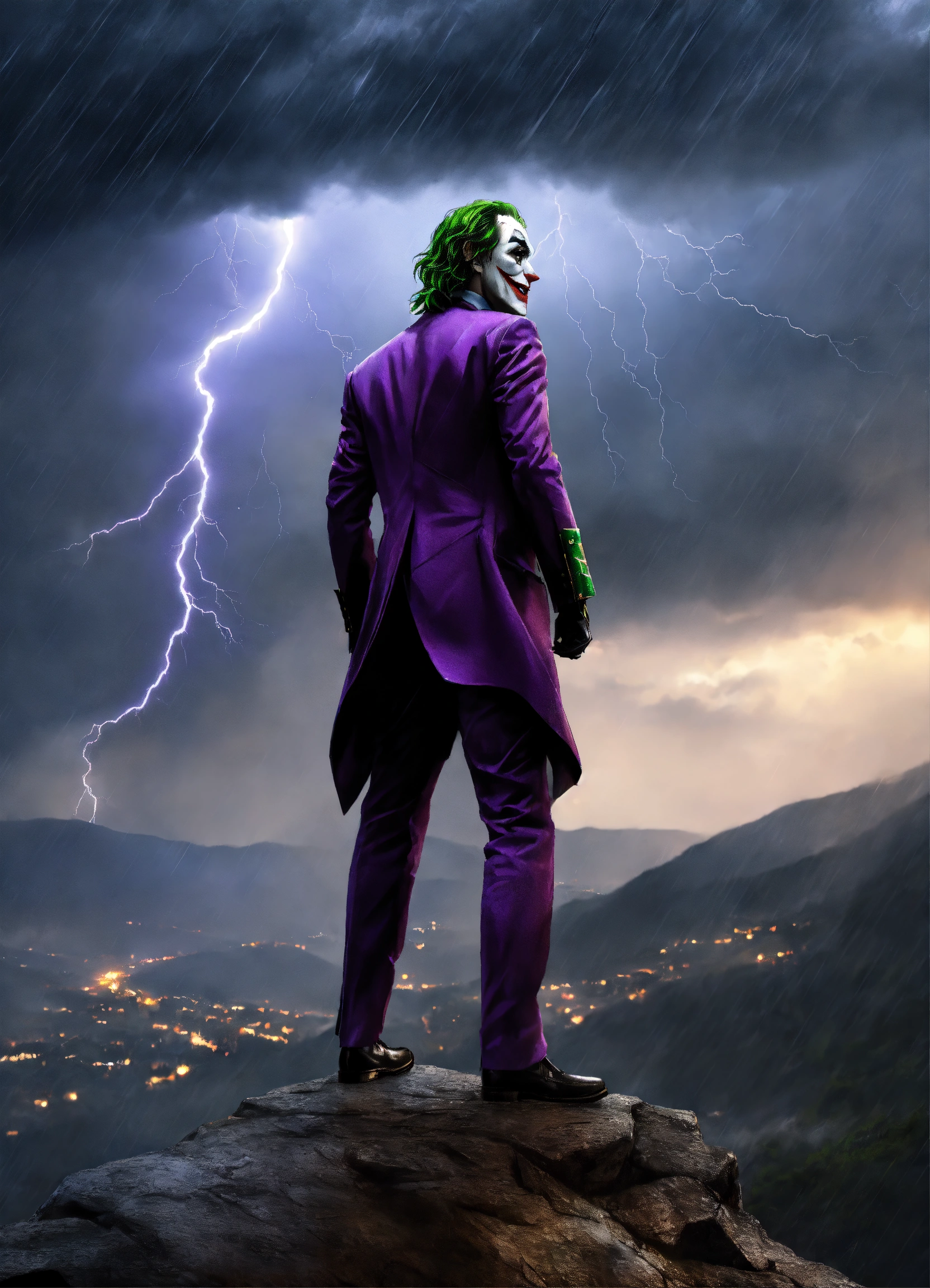 Lexica - Joker is standing on a mountain. The weather is raining ...