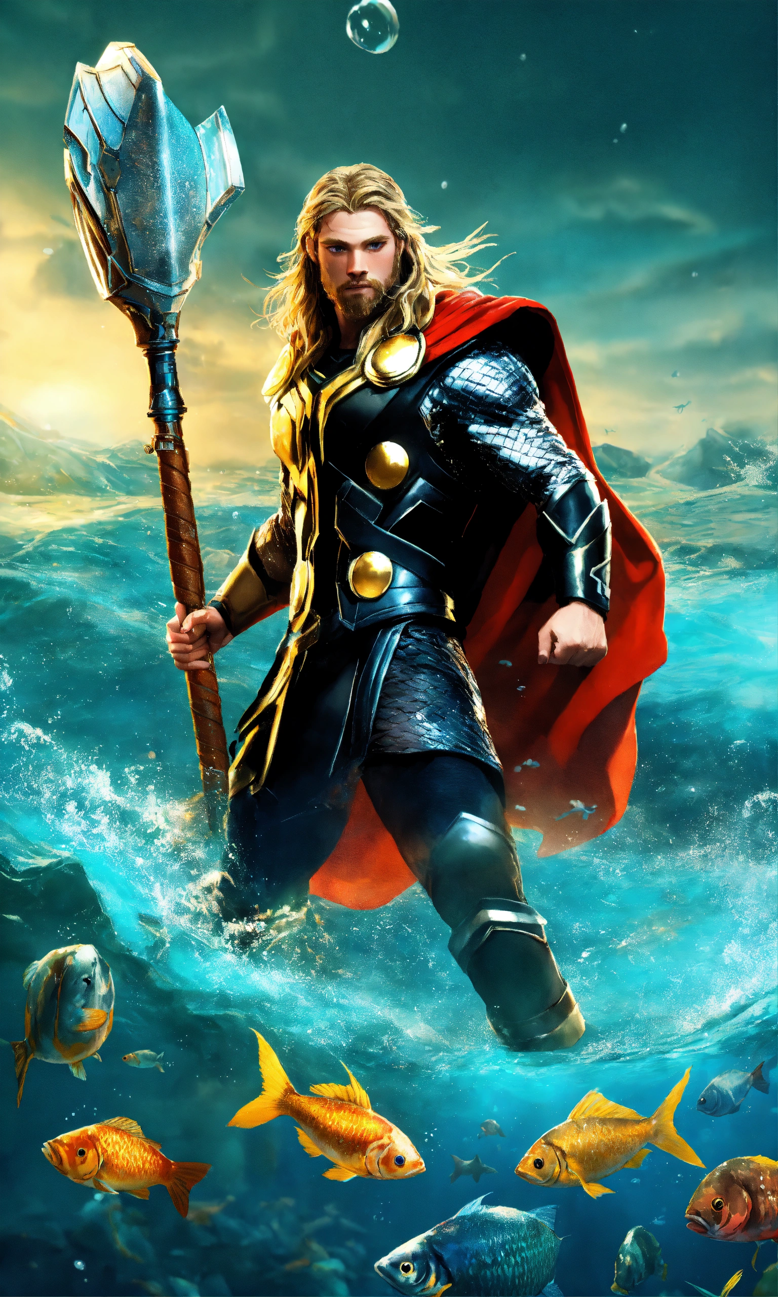 Lexica - Thor with fish underwater in the ocean, nature background, 2D ...