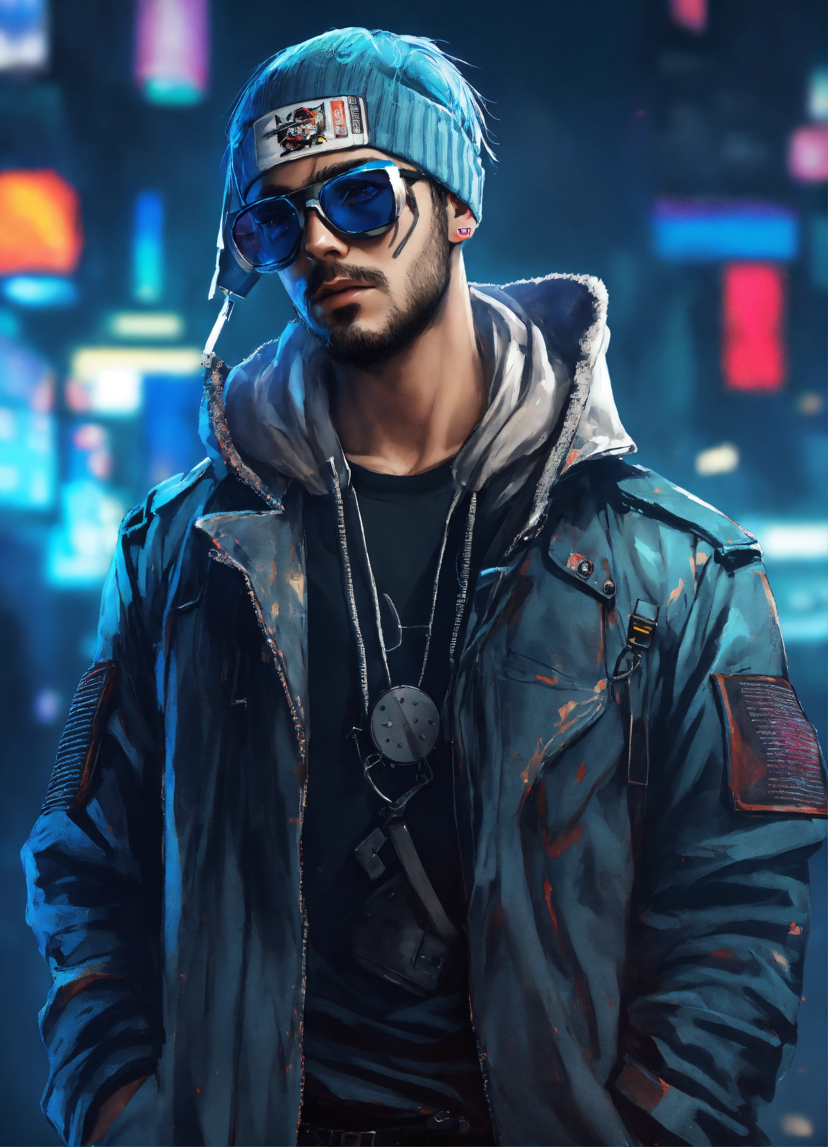 Lexica - Edgy male cyberpunk hacker with blue colored glasses, in a ...