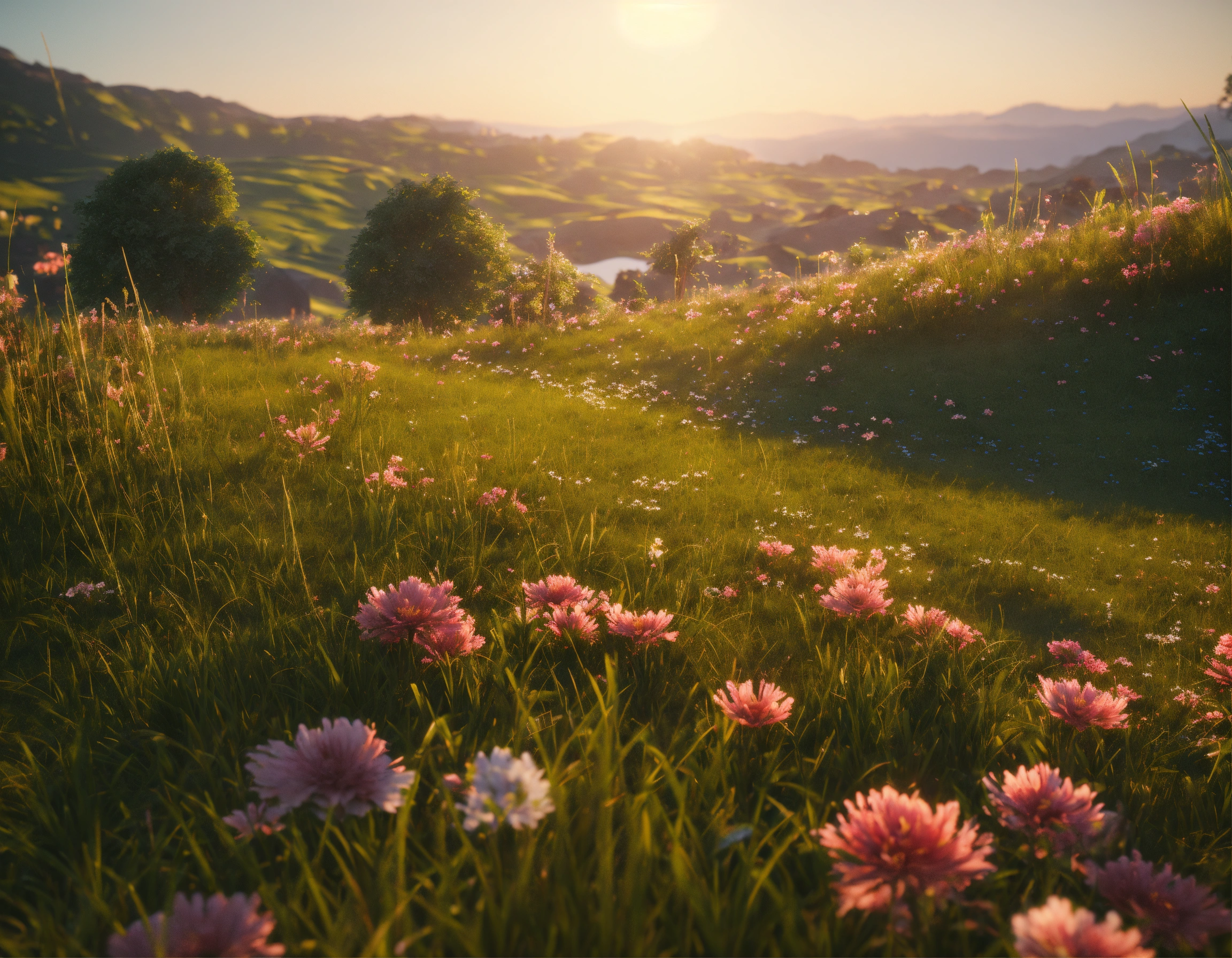 Lexica - Daylight, Grassy field, flowers, hill, realistic, unreal ...