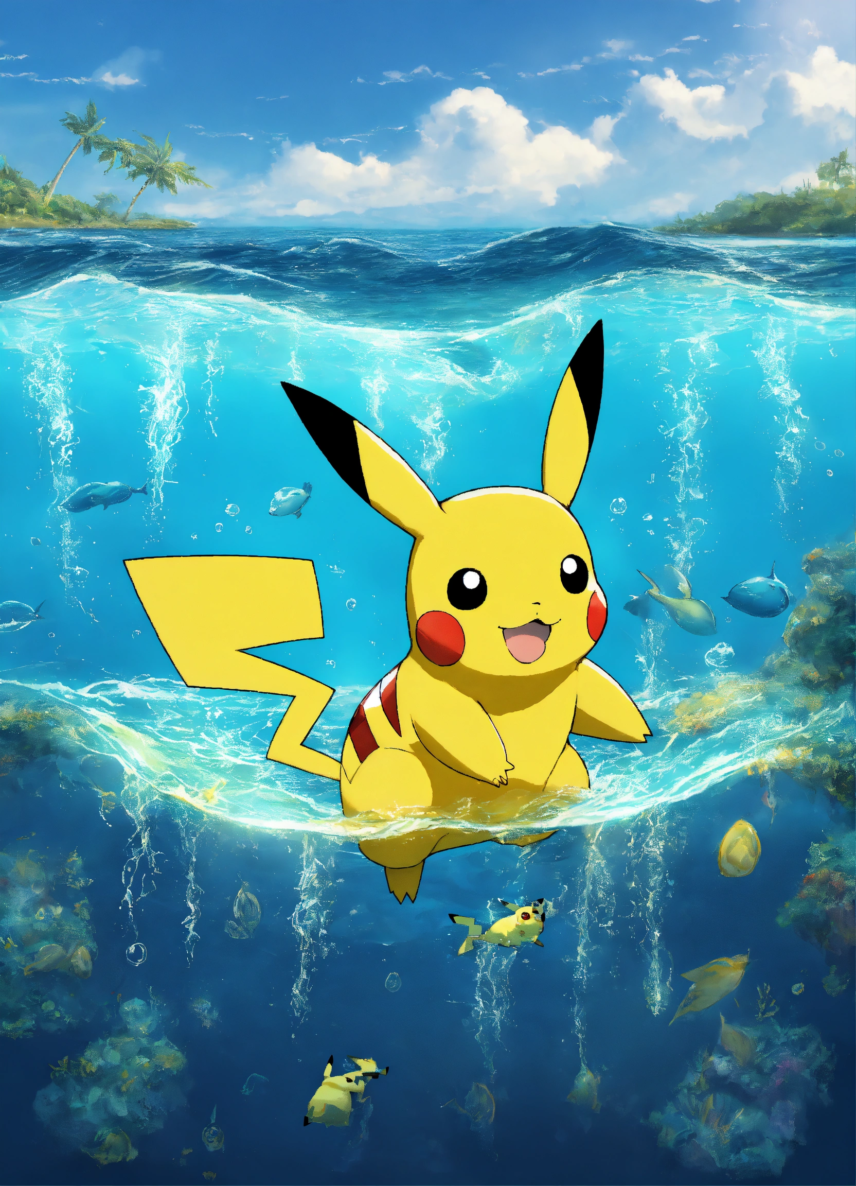 Lexica - Pikachu swimming in the sea WITH electrical current