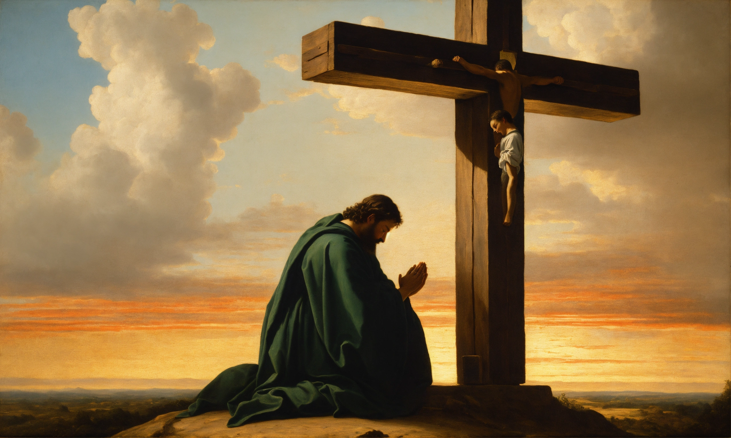 Lexica - Renaissance oil painting of wooden cross with a man praying