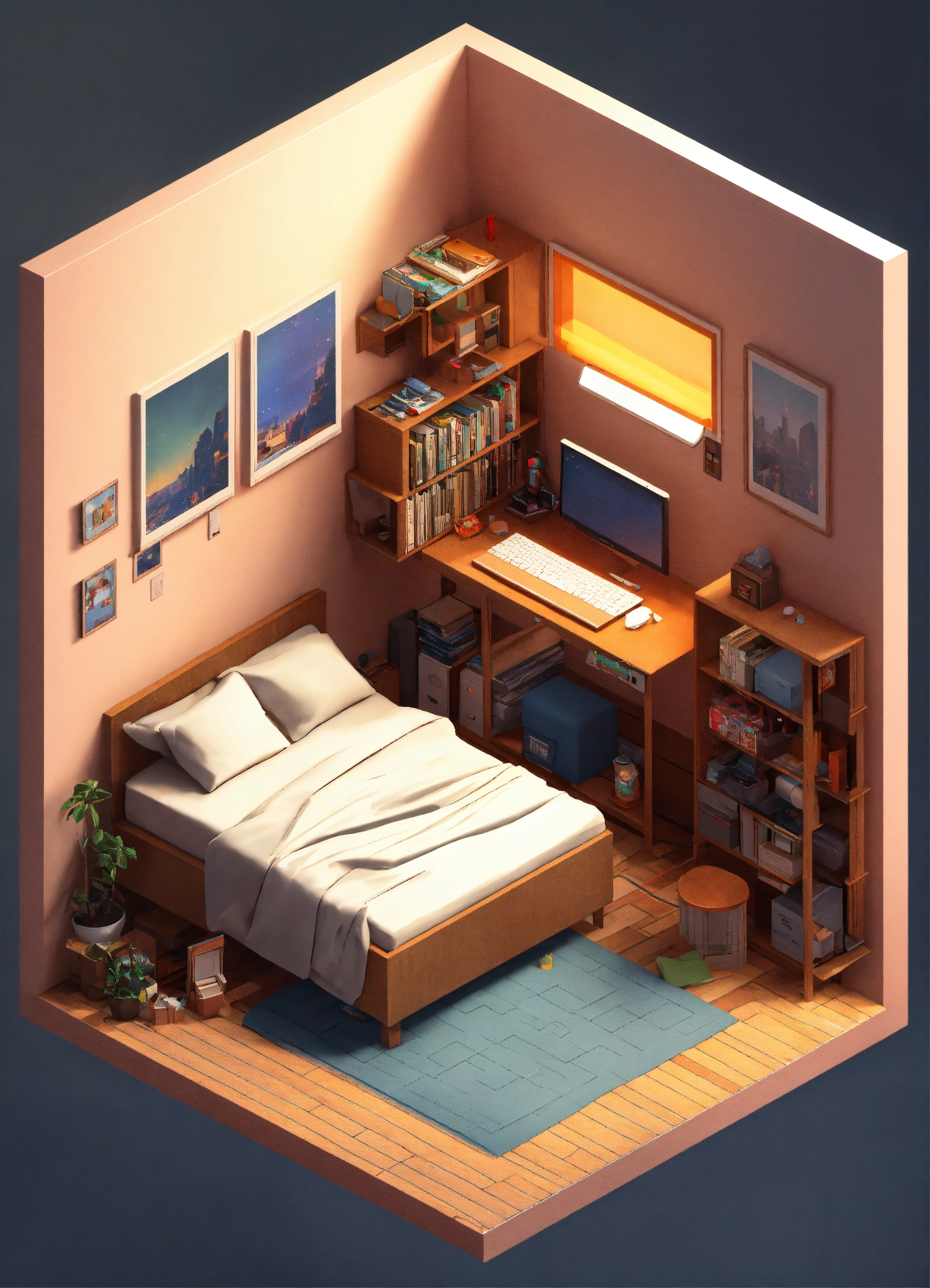 Lexica - Cube cutout of an isometric programmer's bedroom, 3d art, professional colors, soft ...
