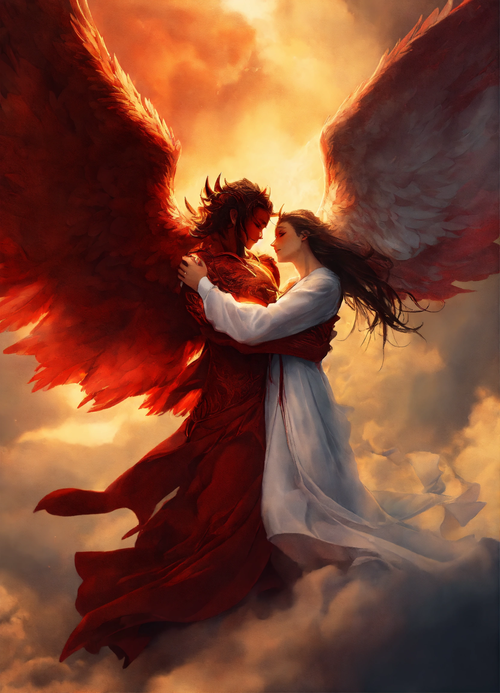 Lexica - Demon hugging an angel, flying, wide shot