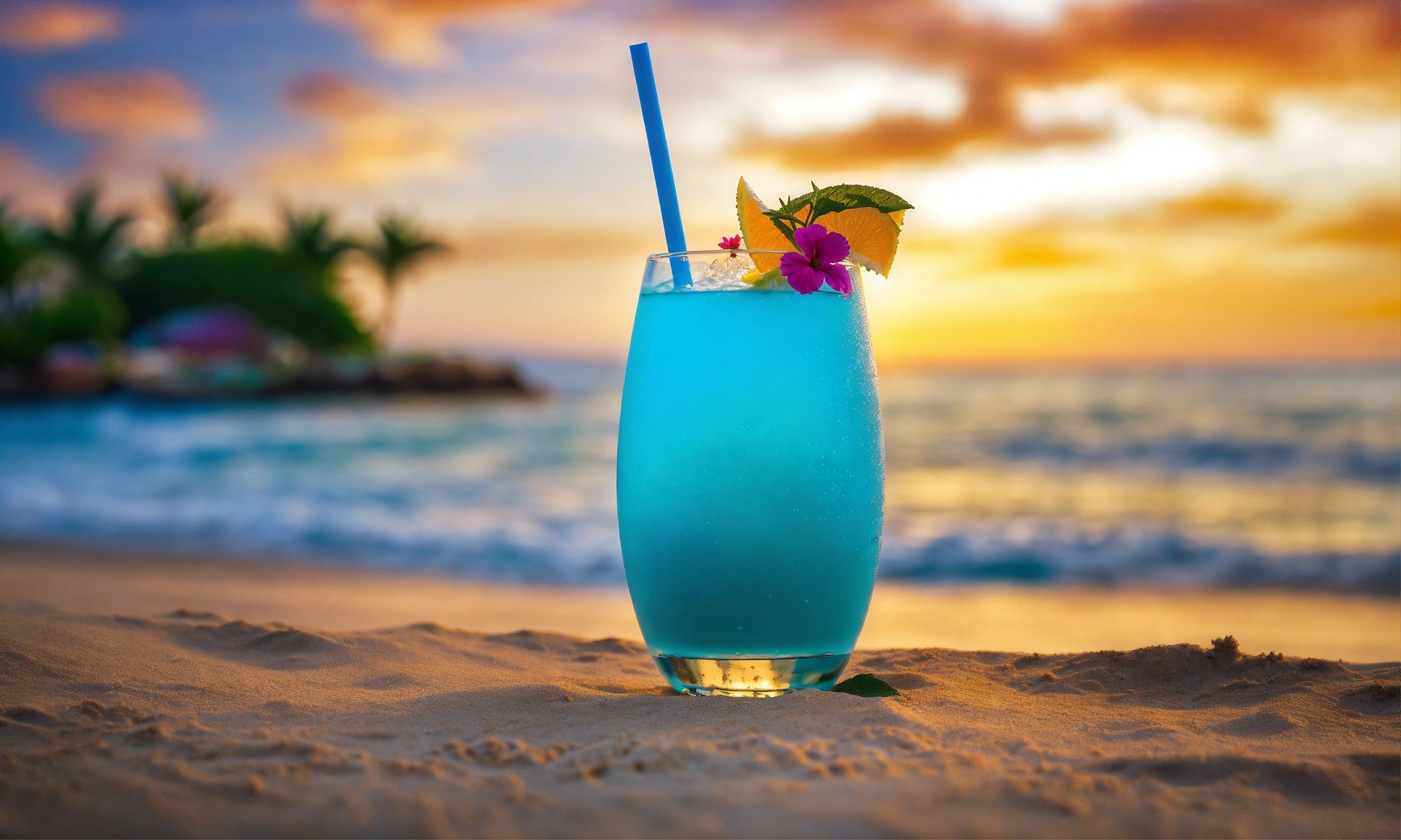 Lexica - Tropical drink, behind is the beach with blue ocean, defocus ...