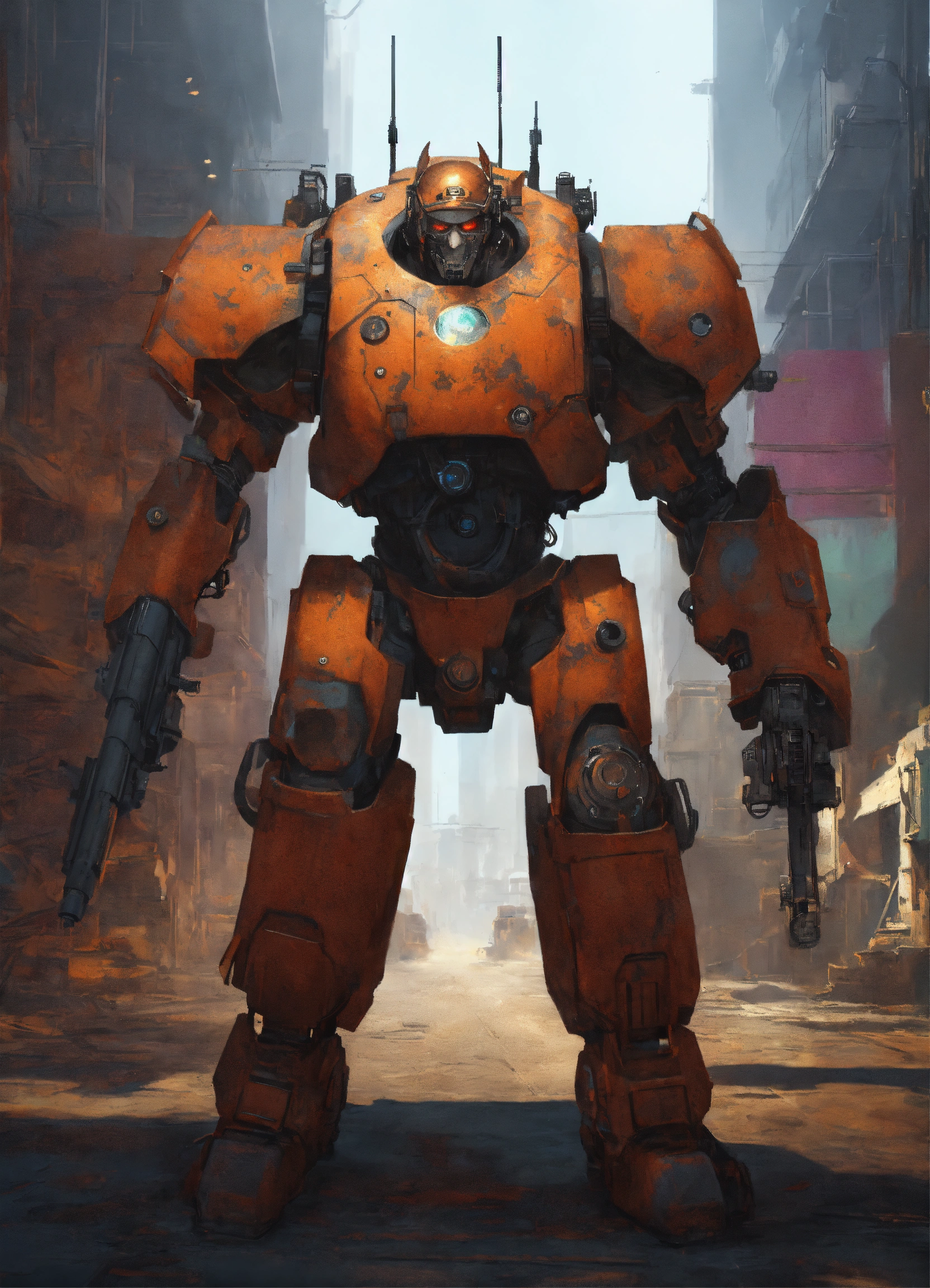 Lexica - An evil cyborg with a rusty, bulky body charges forward