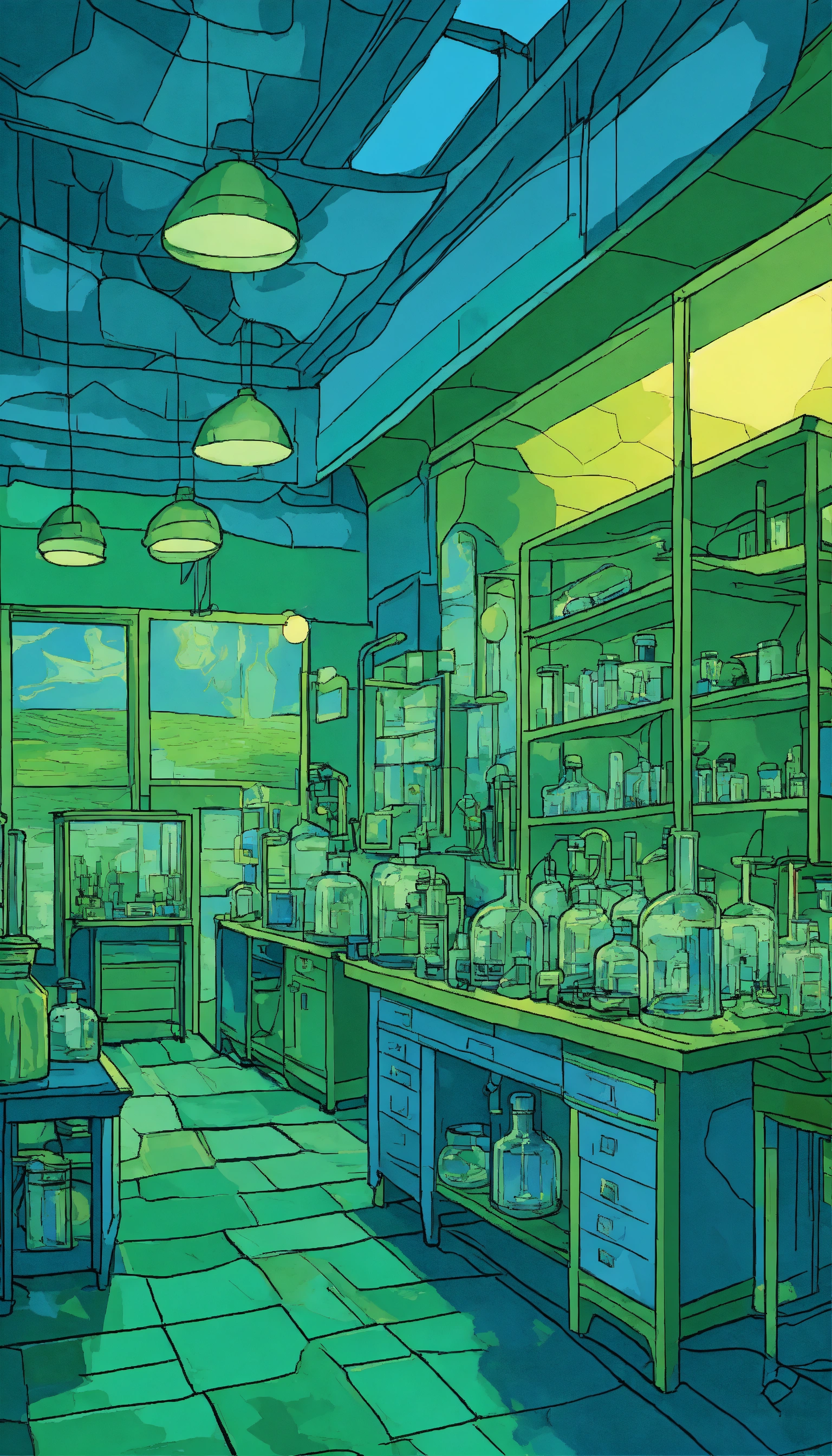 Lexica - Van gogh style illustration of a science lab, vibrant green ...