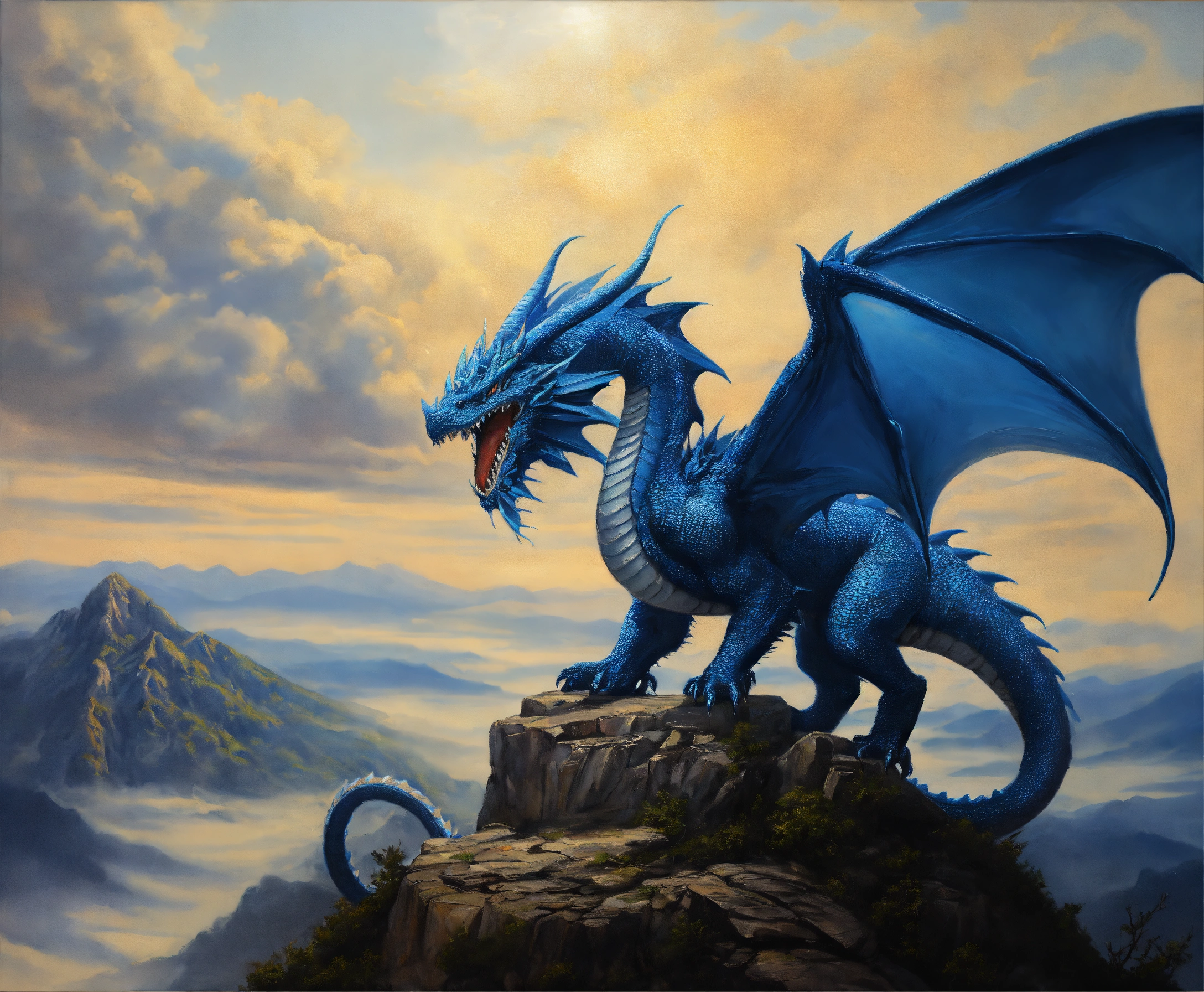 Lexica - Oil painting of a big blue dragon and a small blue dragon ...