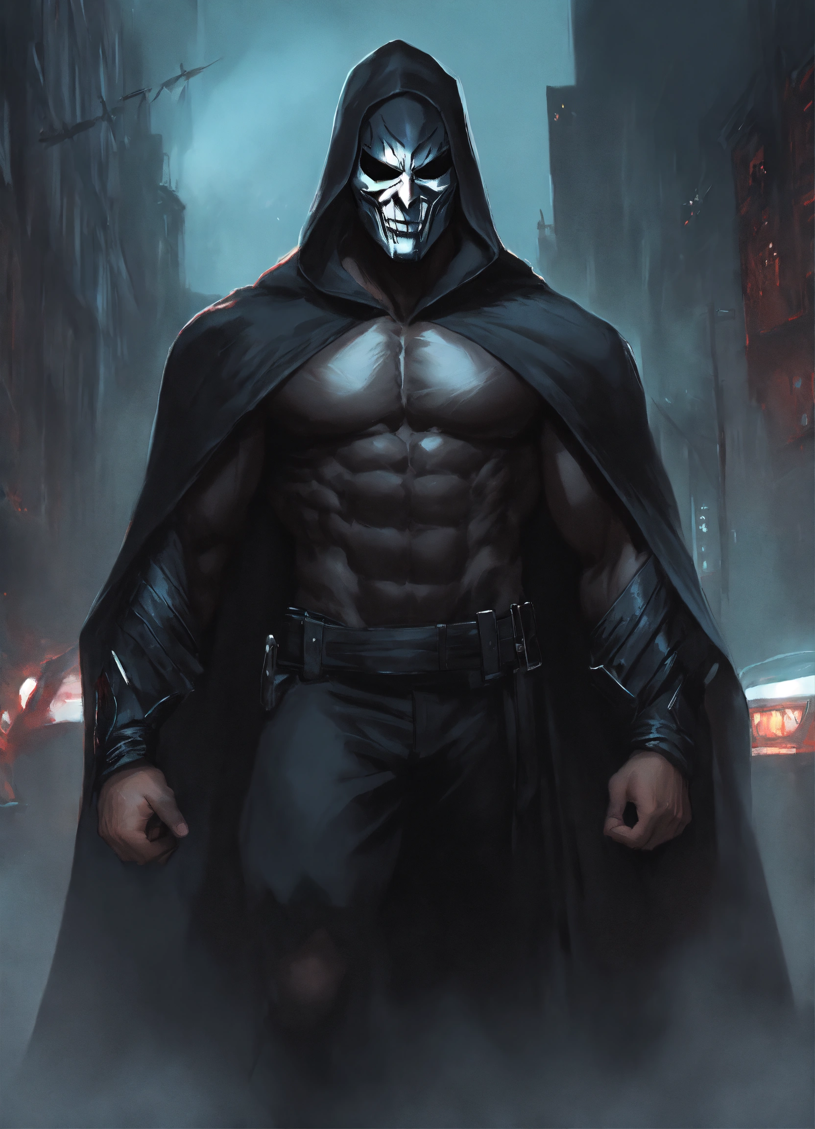 Lexica - Scary and muscular man wearing a black cloak, wearing a scary ...