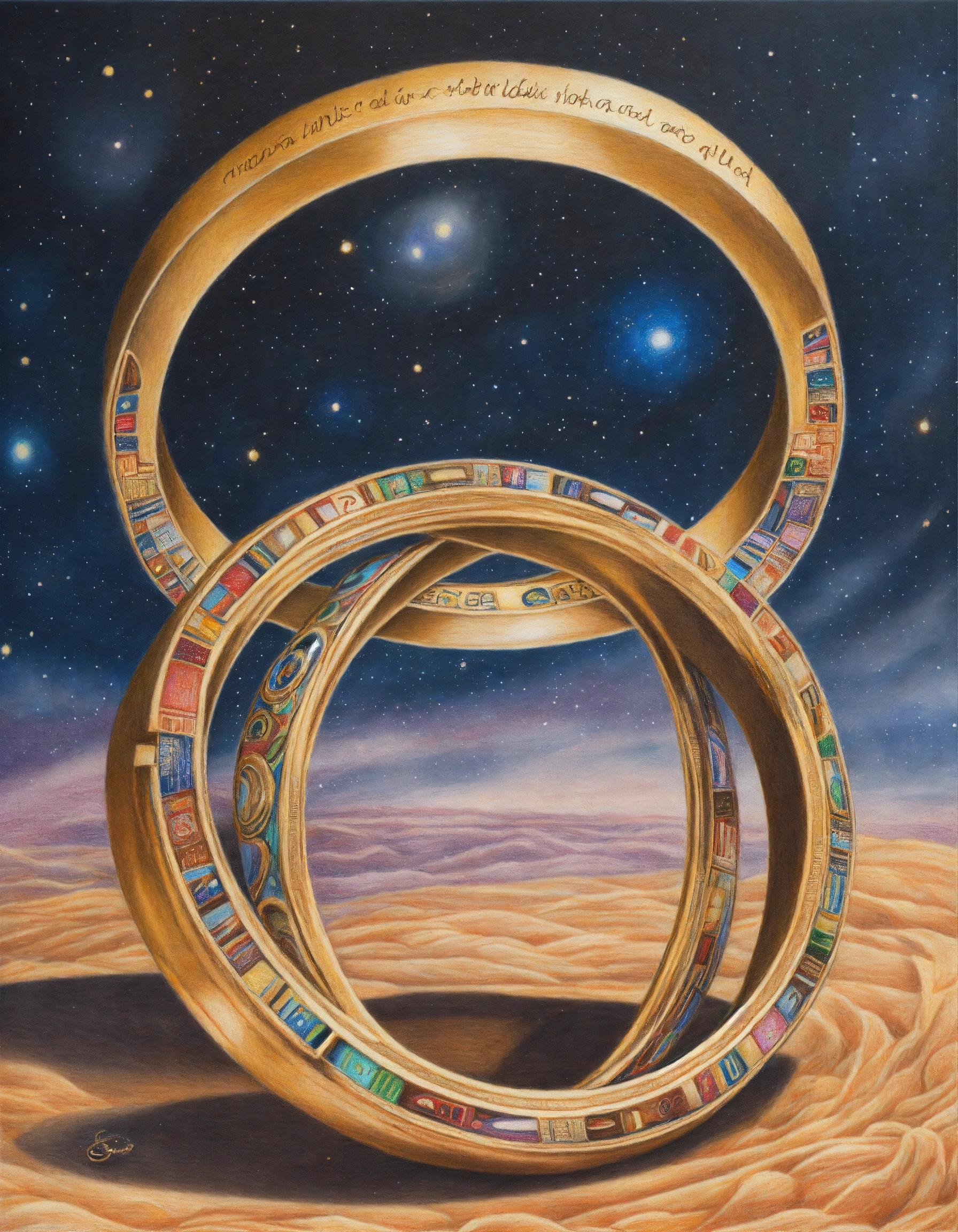 Lexica - Realistic colored pencil drawing of two large gold rings ...