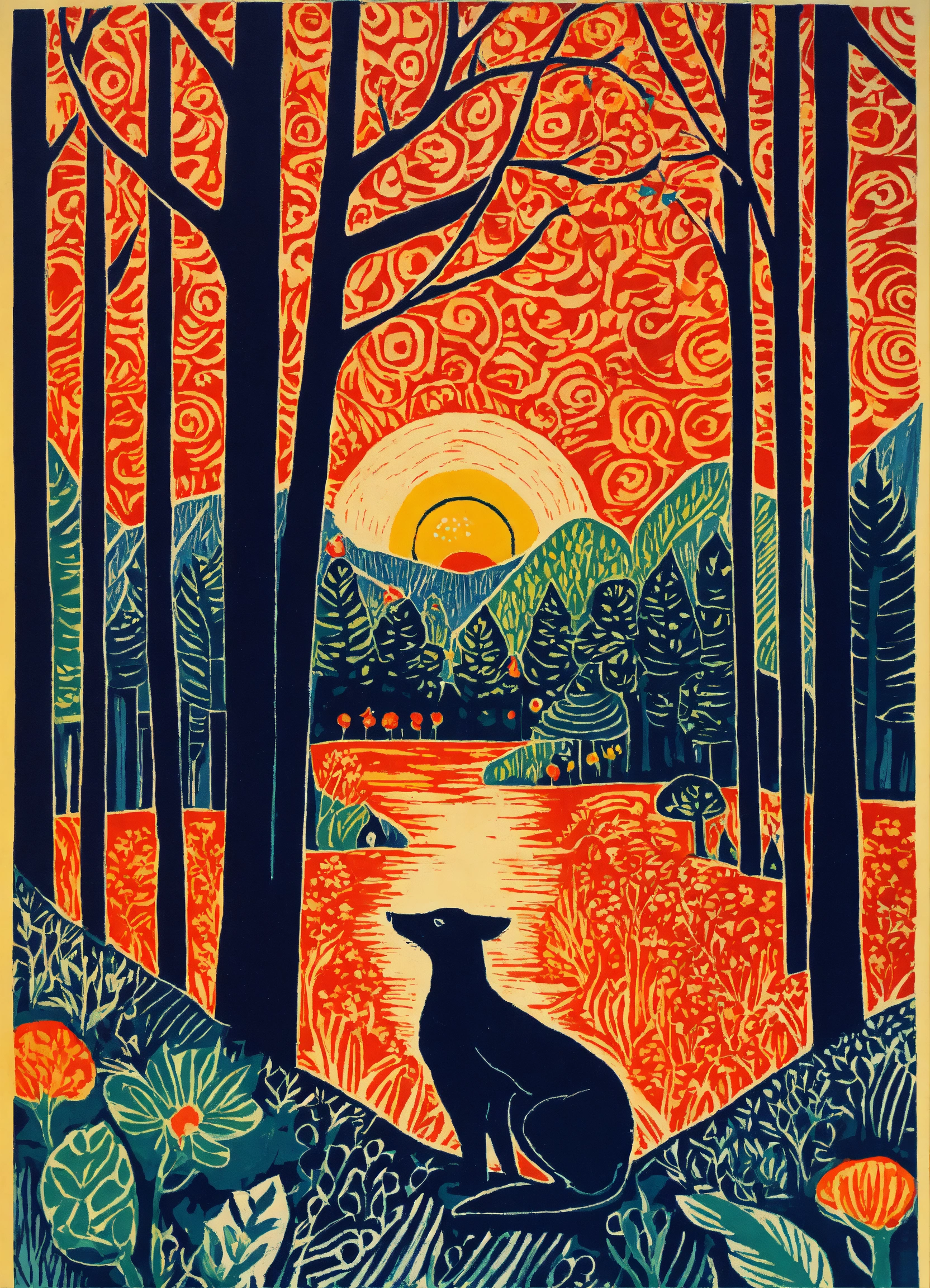 Lexica - Linocut, forest, folk art style inspired by marc chagall