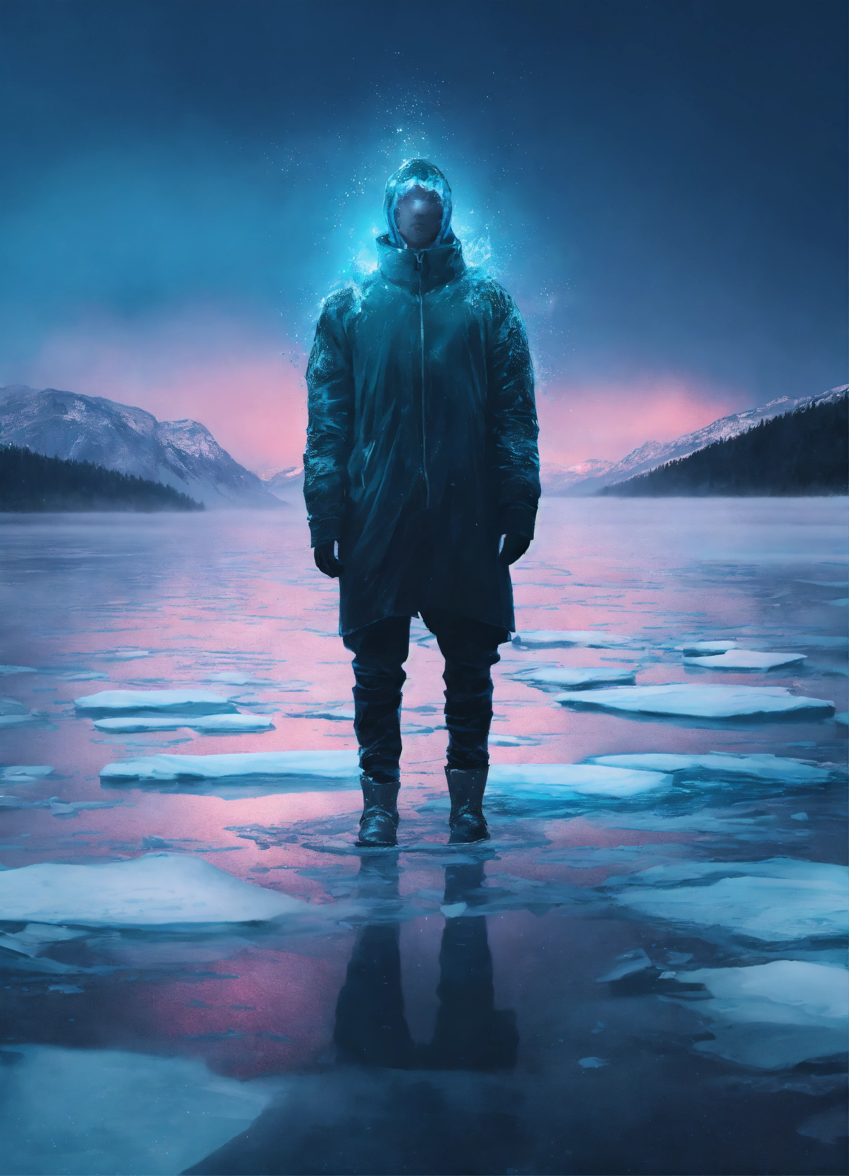 Lexica - Human frozen in ice in the middle of a lake, digital art, cocytus