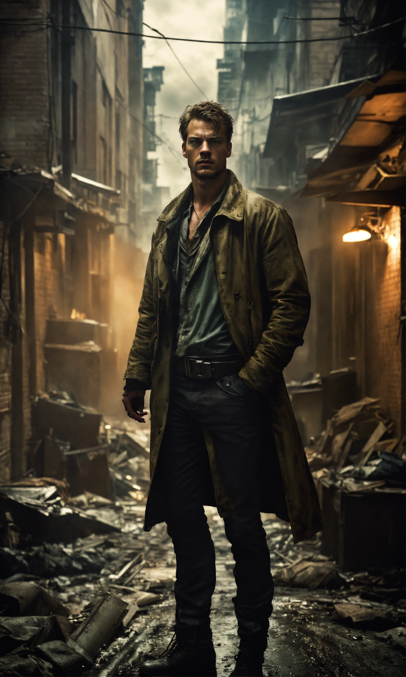 Lexica - Tall handsome man, Kinnaman, post-apocalyptic alley, dark ...
