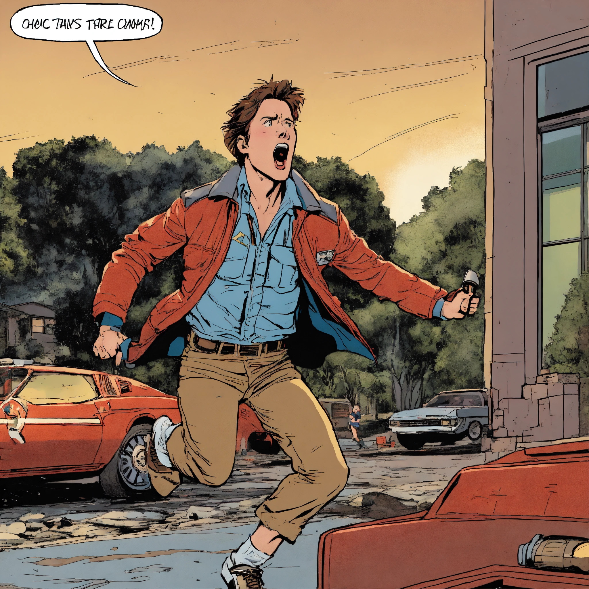 Lexica - A single comic strip with Marty McFly screaming Doc, dramatic ...