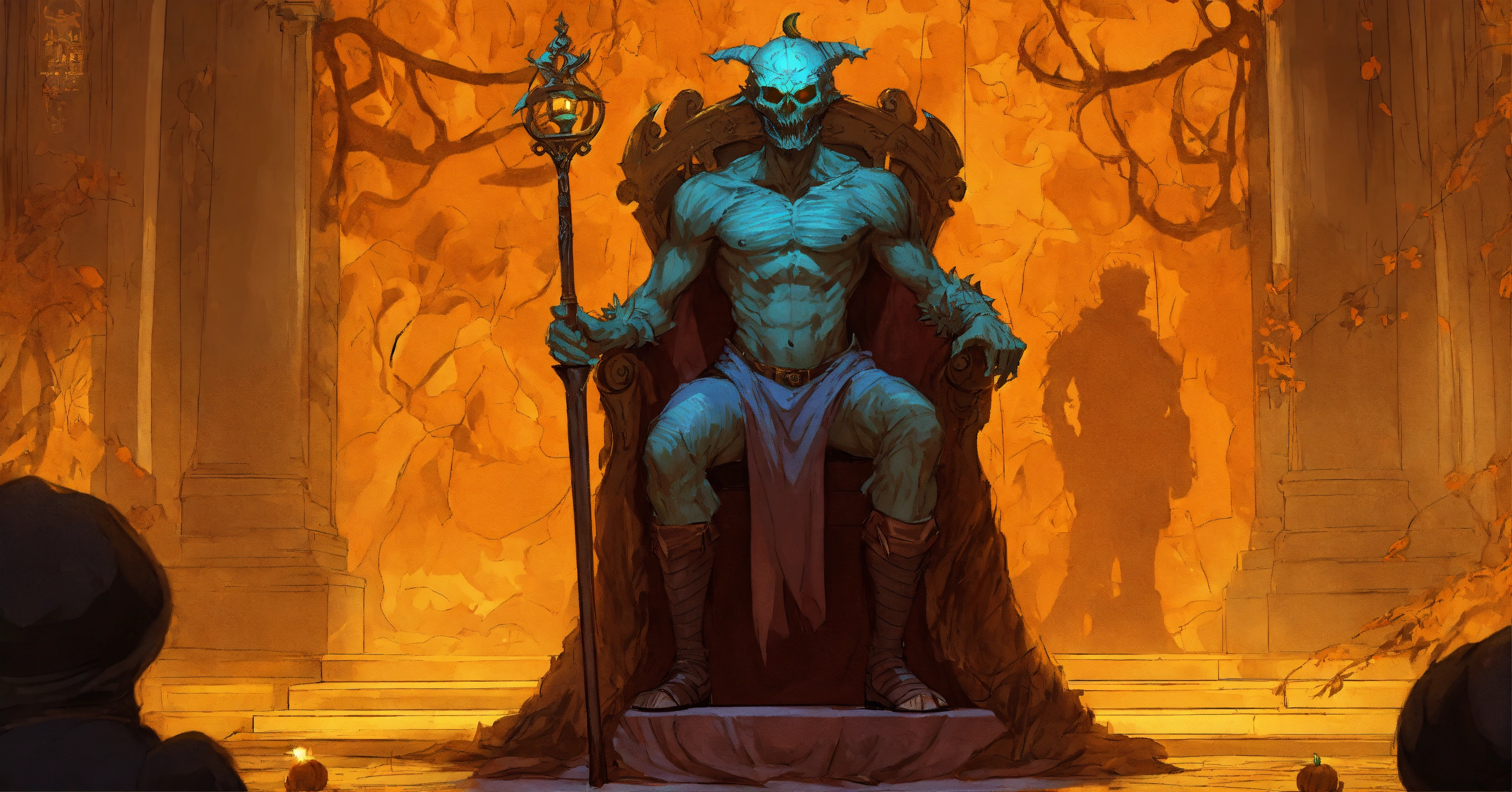 Lexica - Fantasy setting, pumpkinhead monster, sitting on a throne ...