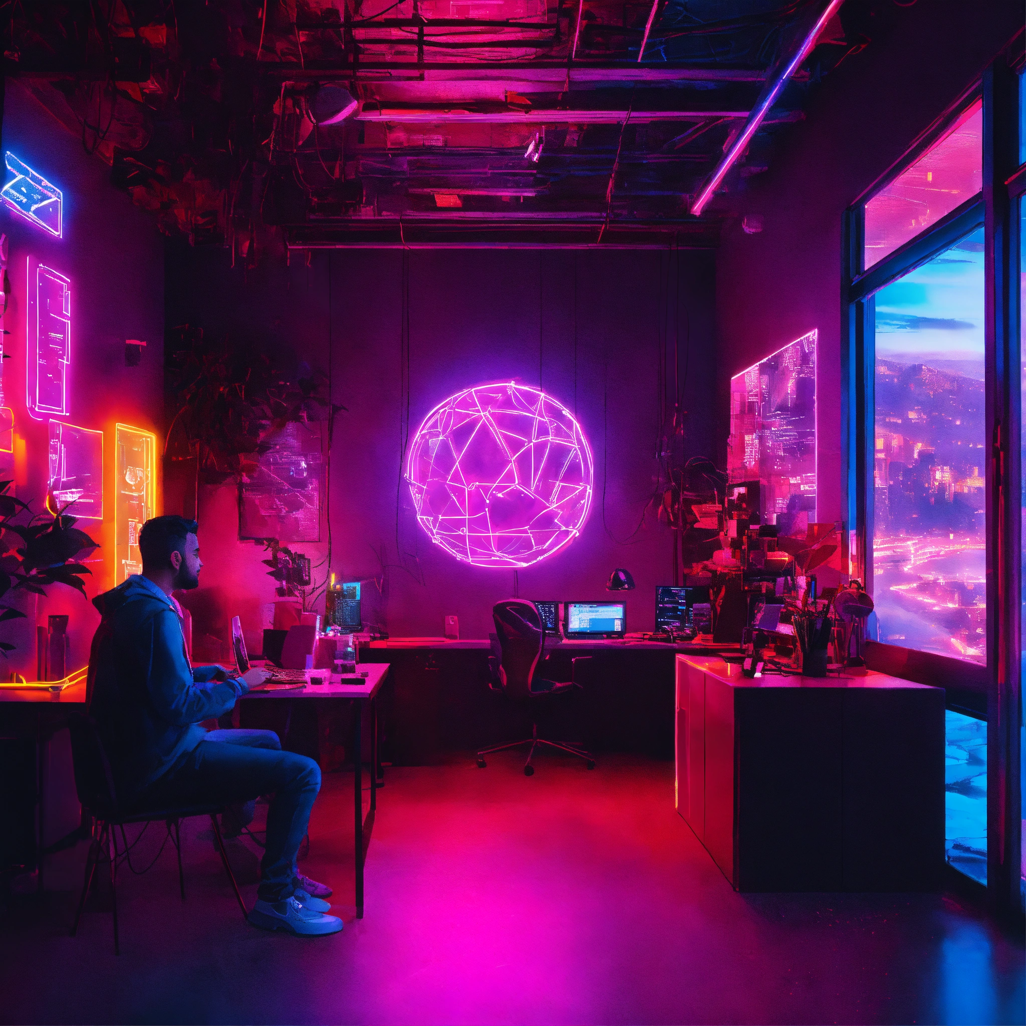 Lexica - A big team web developer in an environment with neon lights