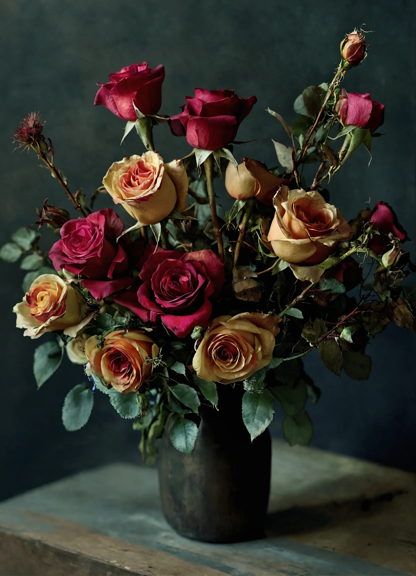 Lexica - A bohemian fancy bouquet of roses in a dark Annie Leibovitz style.