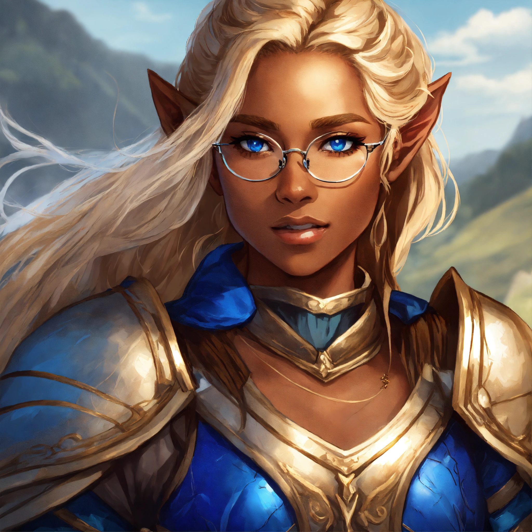 Lexica - A very brown skinned half elf woman, wearing glasses with deep ...
