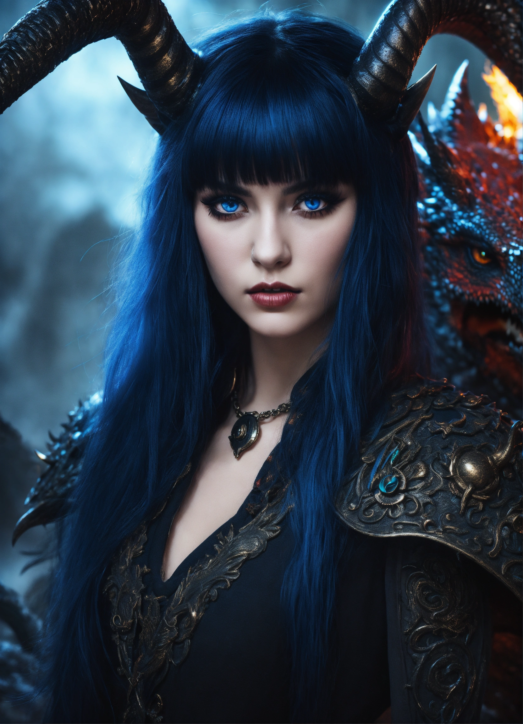 Lexica - Goth female, blue eyes, with black horns and bangs next to a ...