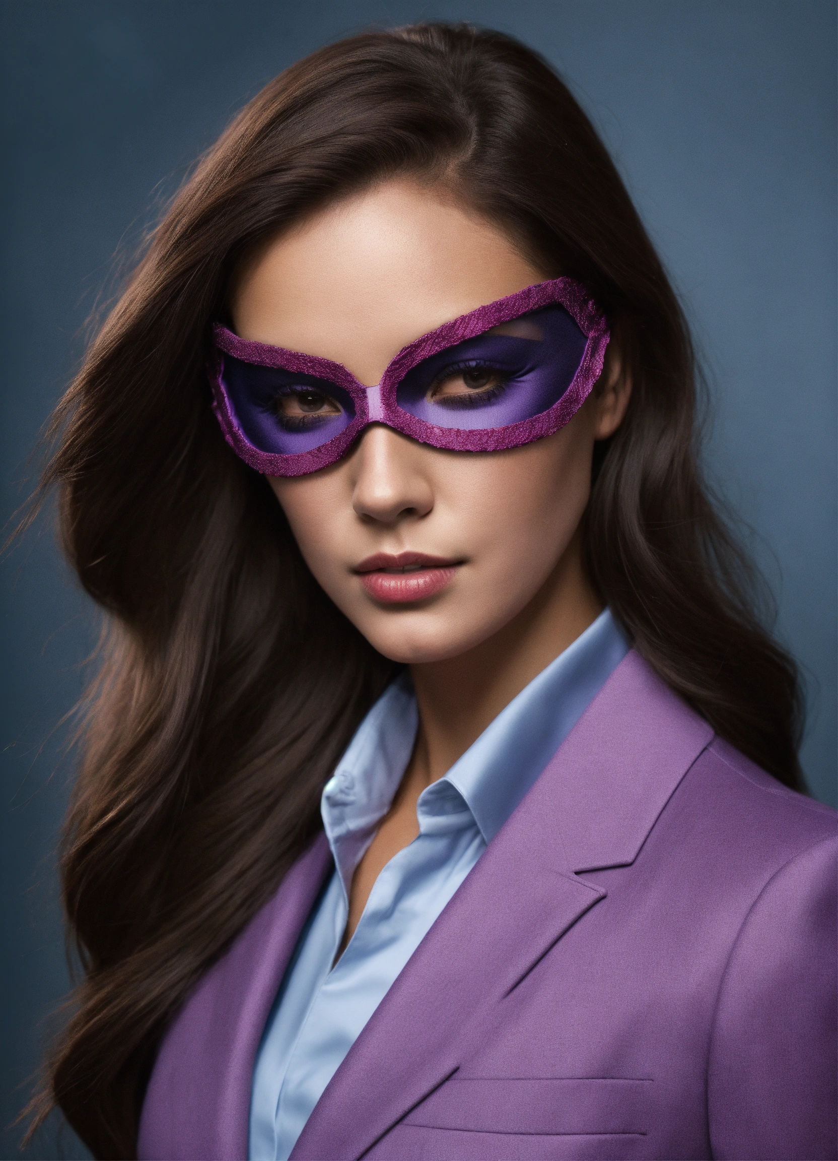 Lexica - Create a super heroine with dark brown hair and a lilac blue ...