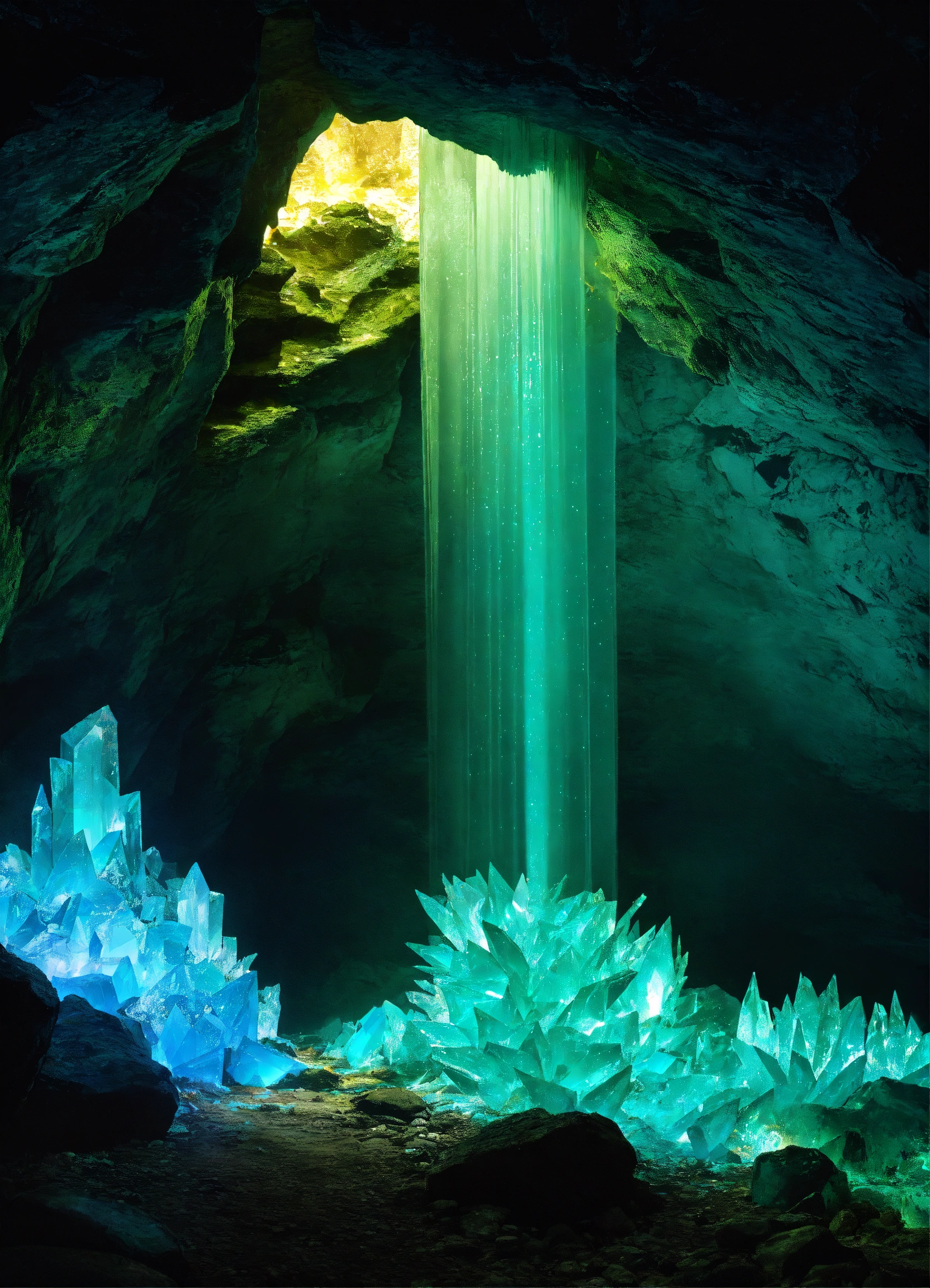 Lexica - A dark cave with glowing crystals, turquoise color pallet ...