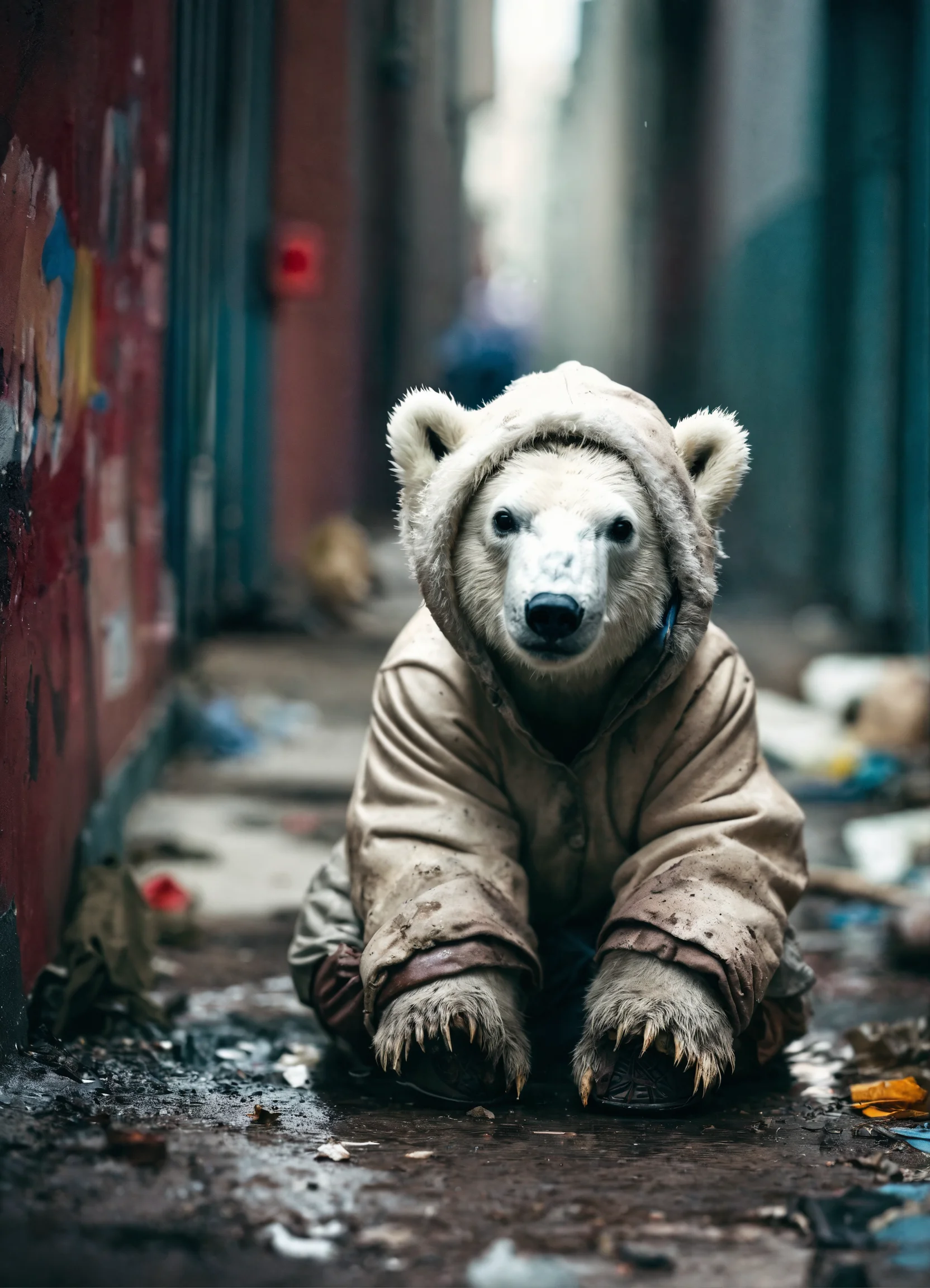 Lexica - Cute Polar bear, dressed as a homeless person, in a dirty alley