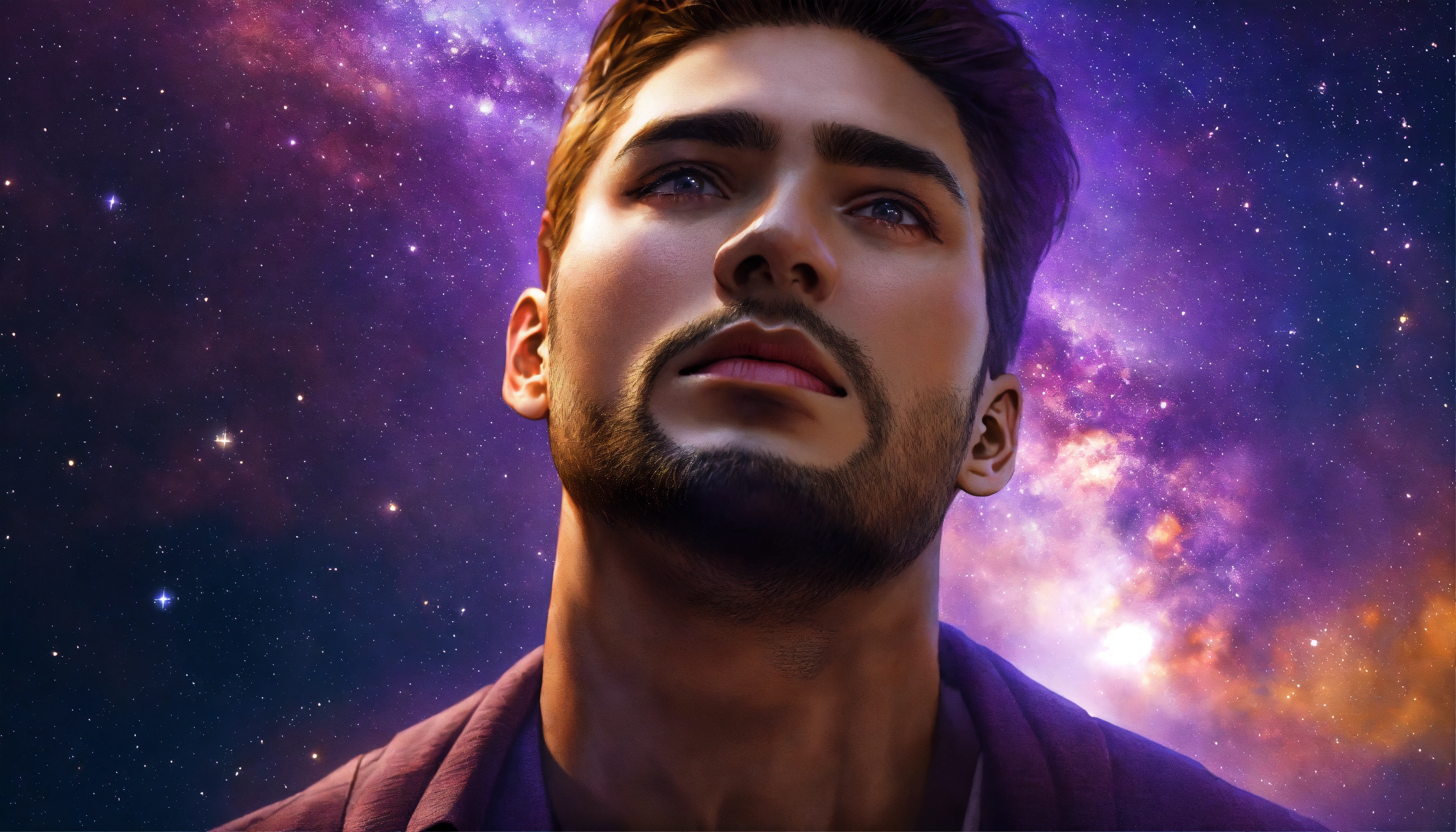 Lexica - Handsome man, looking up at the universe in the background, 4k ...