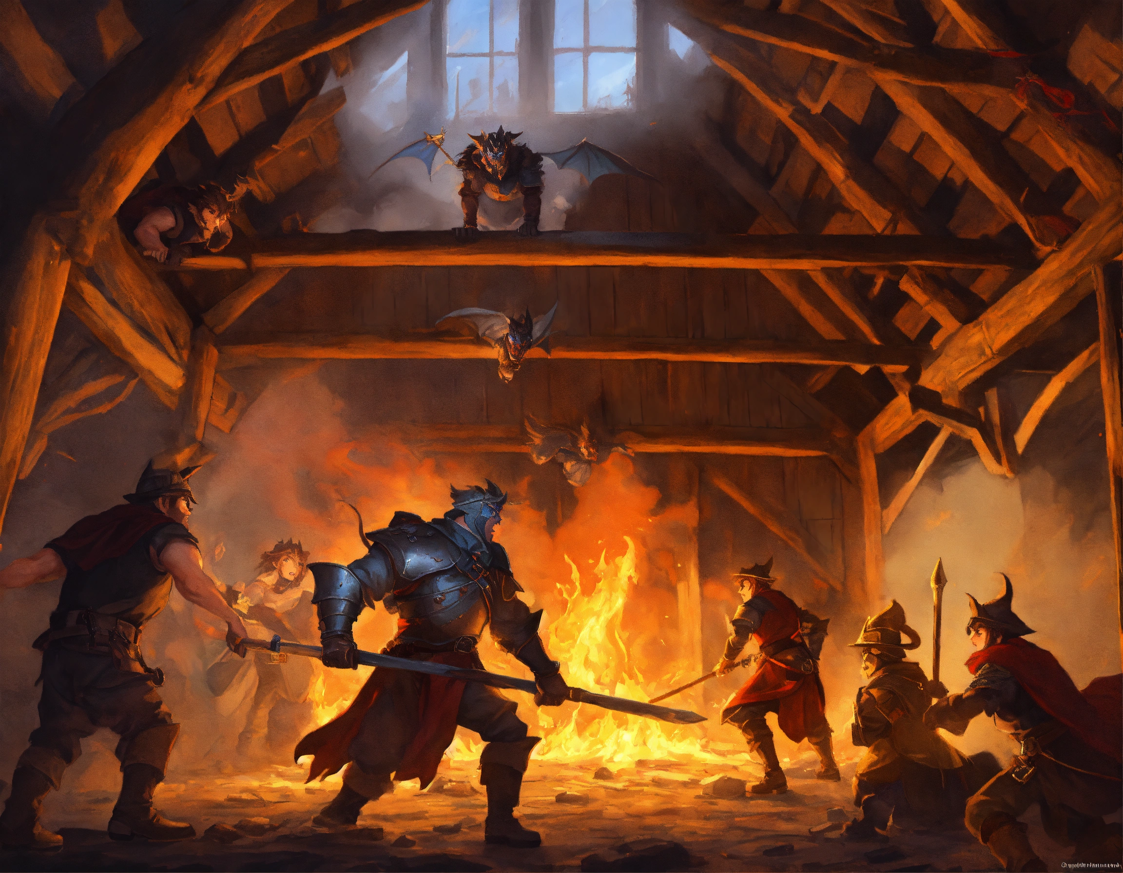 Lexica - Fantasy adventurers in an old barn battling fire gargoyles ...