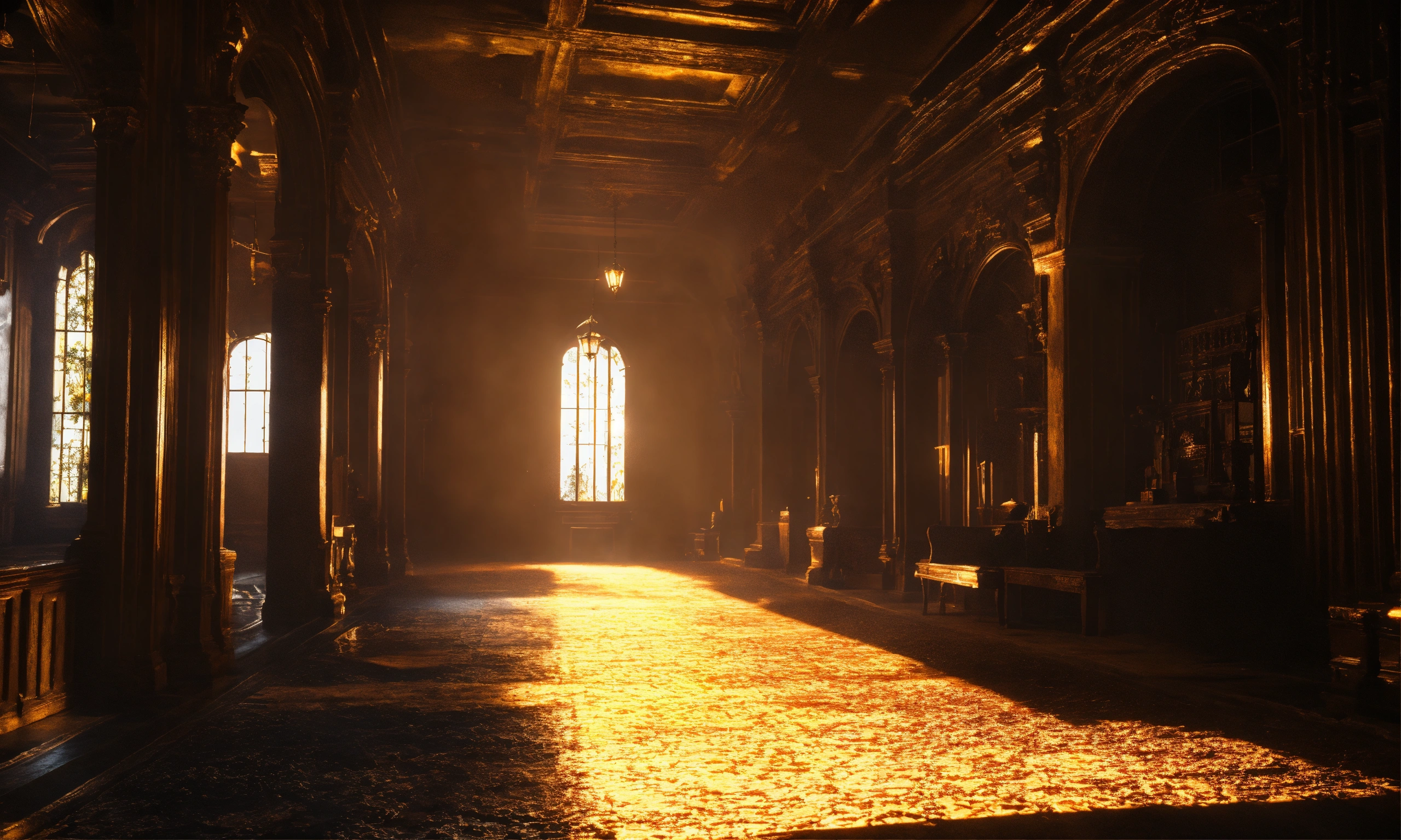 Lexica - Dark hall, 8k, epic, sun shine