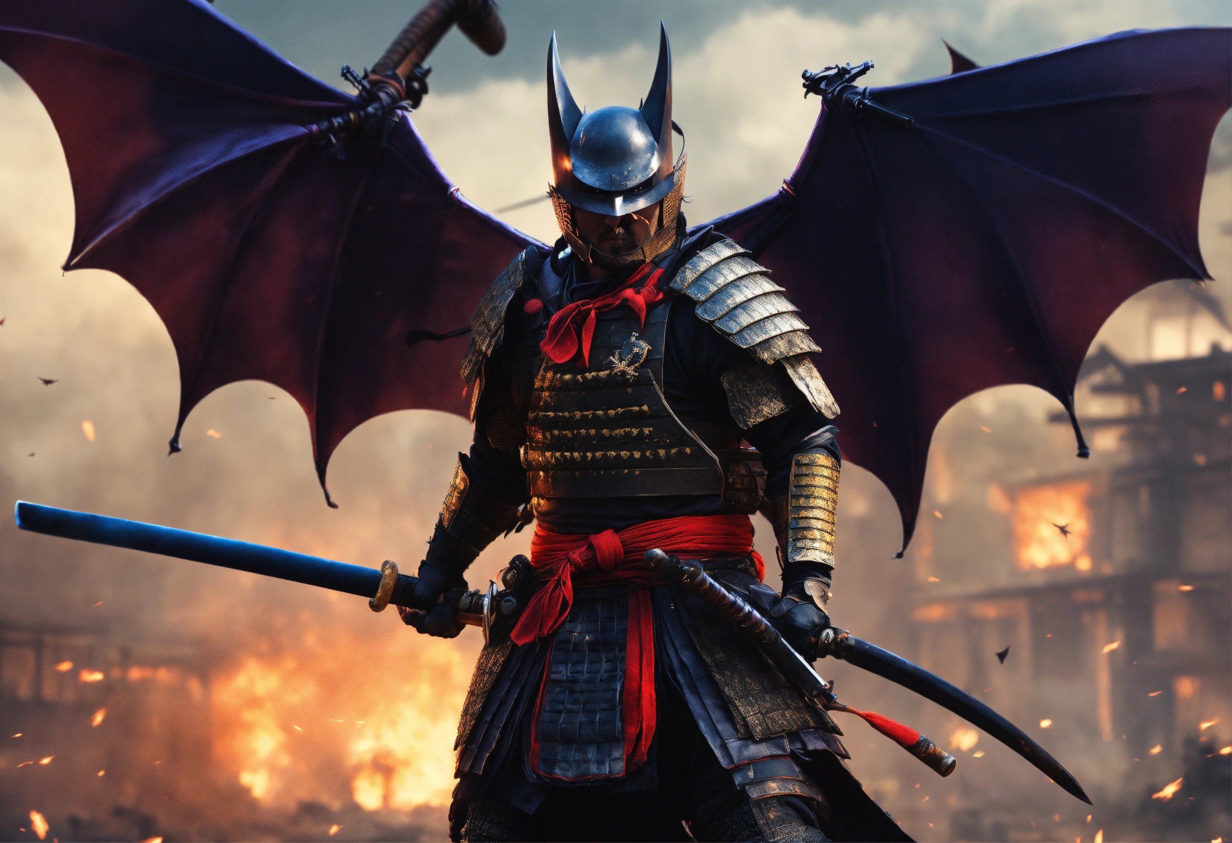 Lexica - Bat samurai with arms. Battlefield. Hyper realistic.